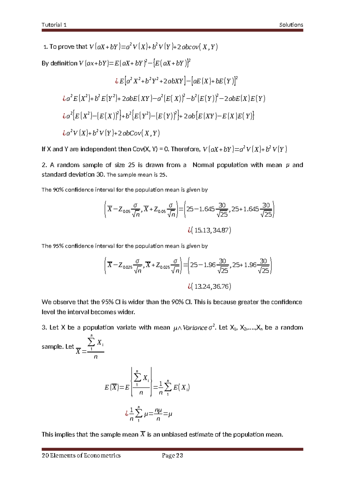 EOE Tutorial 1 solution - To prove that V ( aX +bY ) =a 2 V ( X ) +b 2 V ( Y ) + 2 abcov ( X ,Y ...
