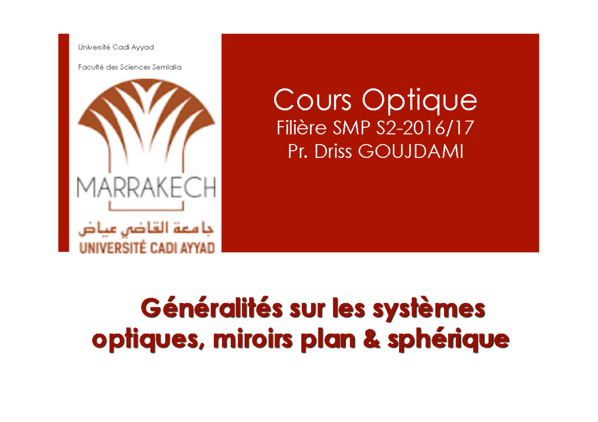 3-Optique Miroirs Sphériques - Cours Optique Filière SMP S2-2016/ Pr ...