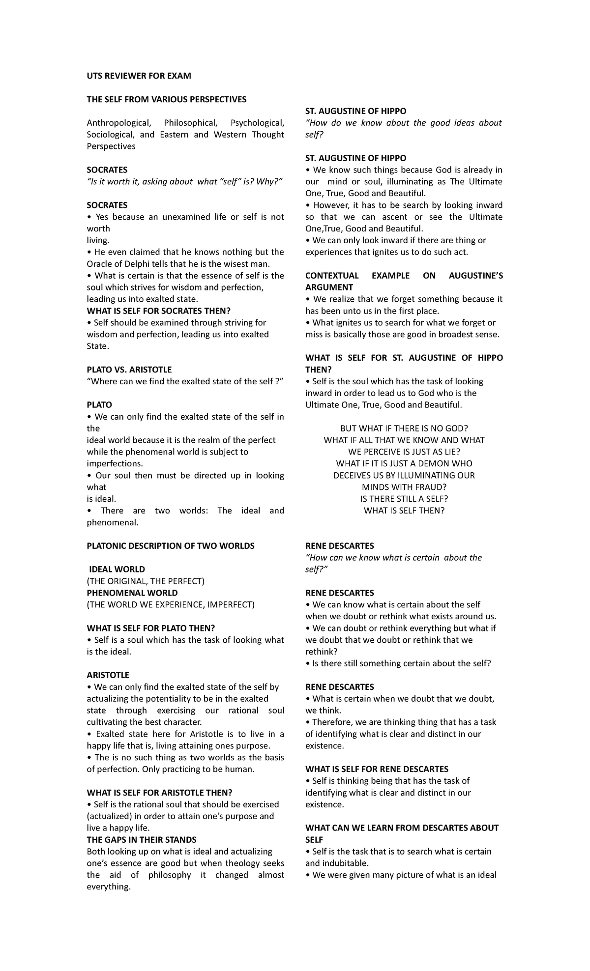 UTS Reviewer and Lectures - UTS REVIEWER FOR EXAM THE SELF FROM VARIOUS ...