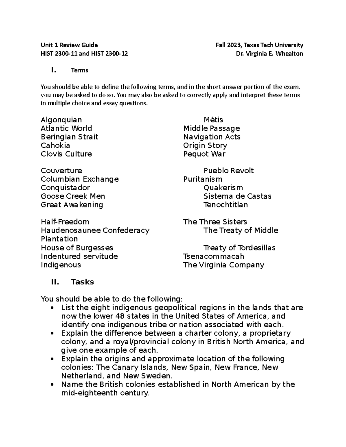 2023 Fall HIST 2300 Unit 1 Review Guide v2 - Unit 1 Review Guide Fall ...