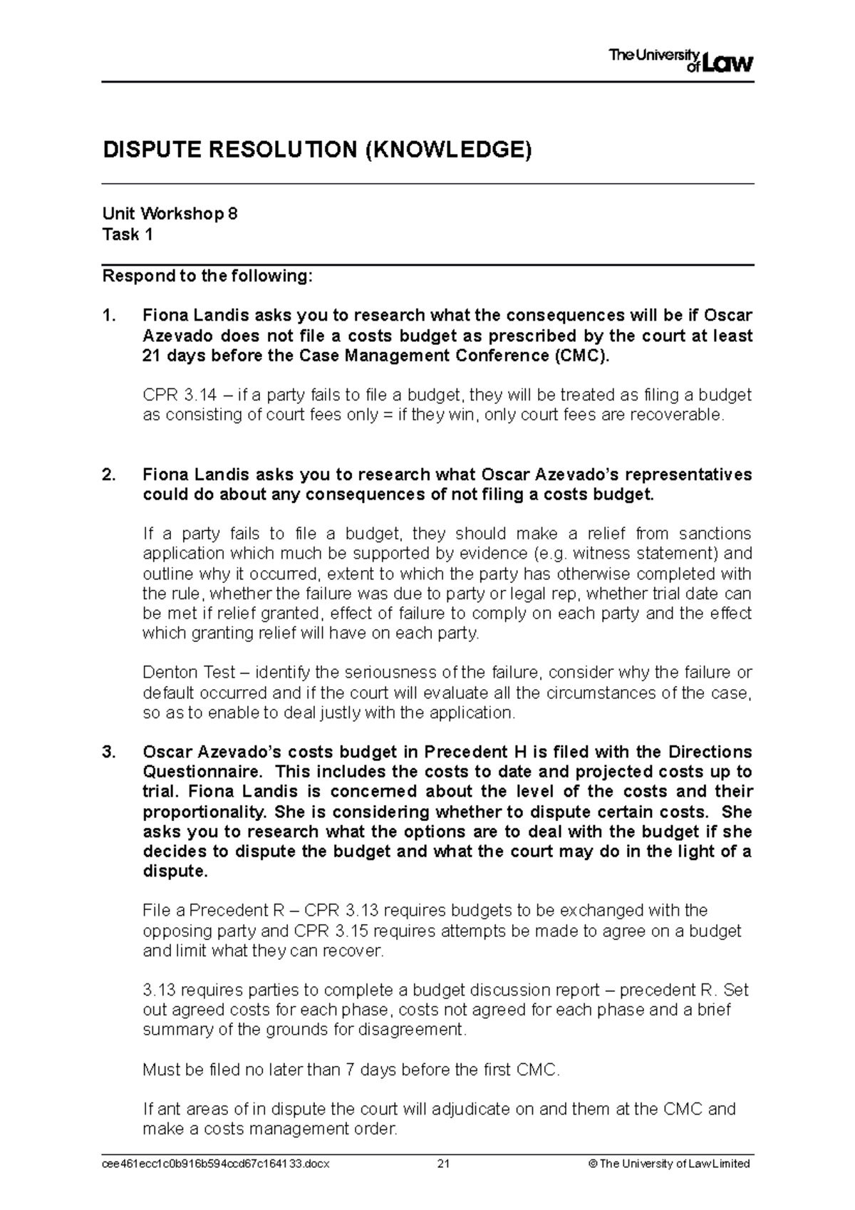 Task 1 Unit 8 Civil dispute - DISPUTE RESOLUTION (KNOWLEDGE) Unit ...