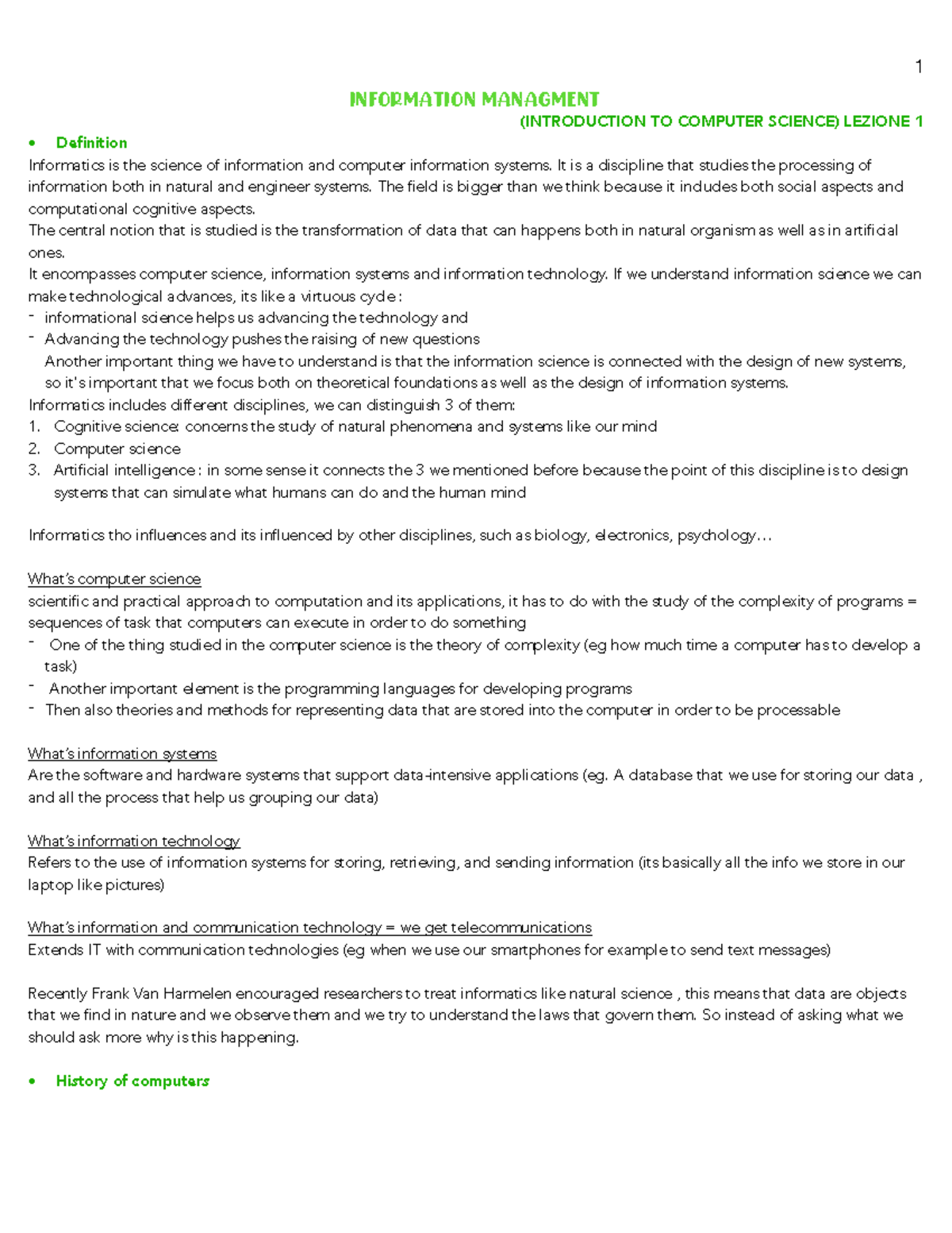 Information managment - INFORMATION MANAGMENT (INTRODUCTION TO COMPUTER ...