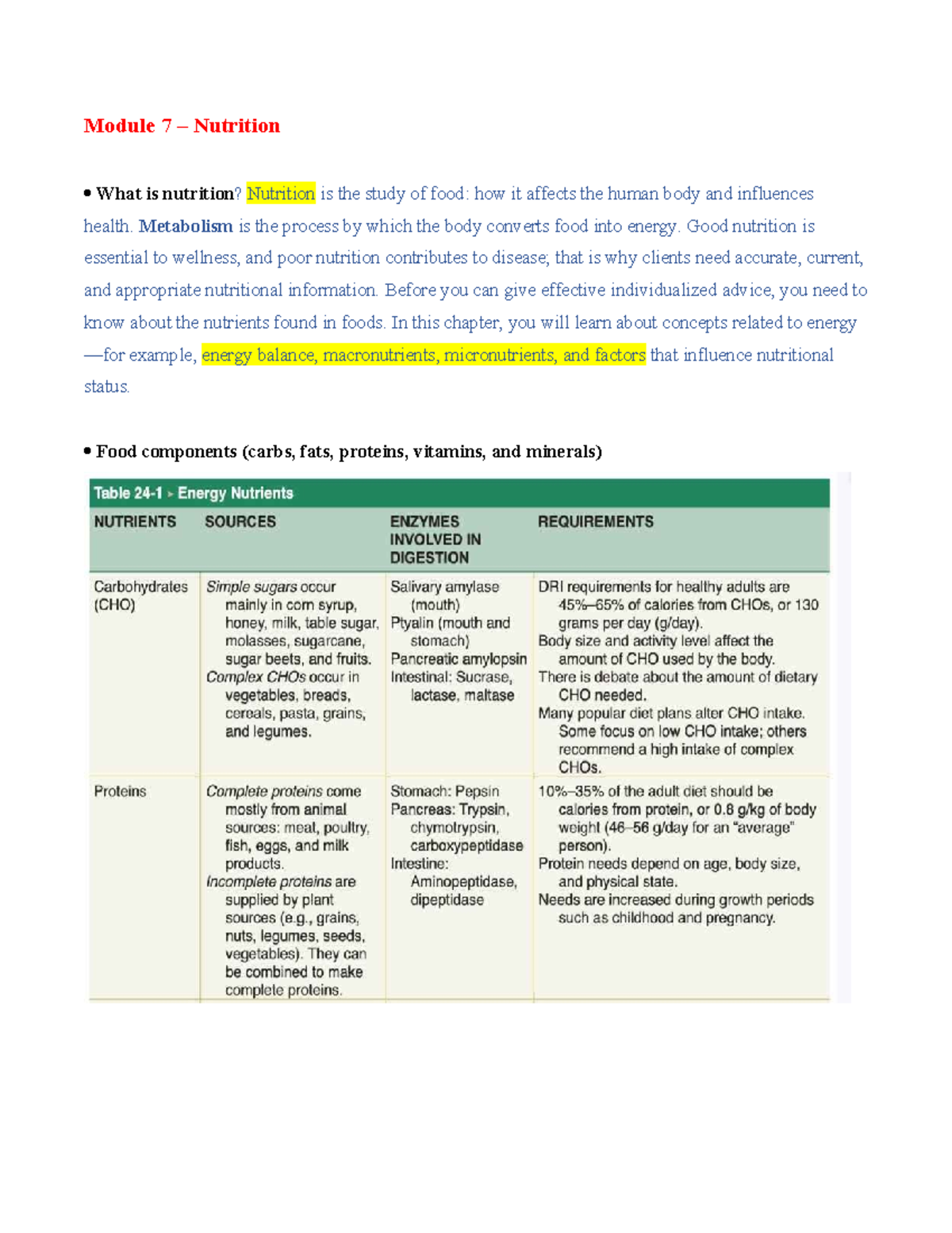 NUR 215 Exam 3 - exam - Module 7 – Nutrition What is nutrition ...
