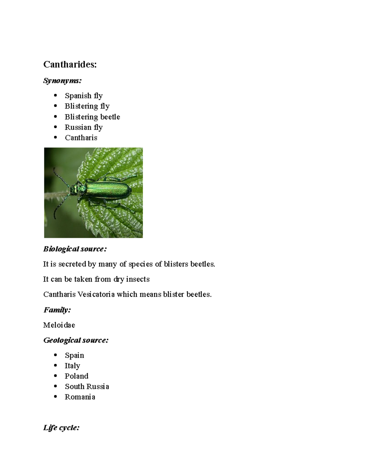 Cantharides - Lecture - Cantharides: Synonyms: Spanish fly Blistering ...