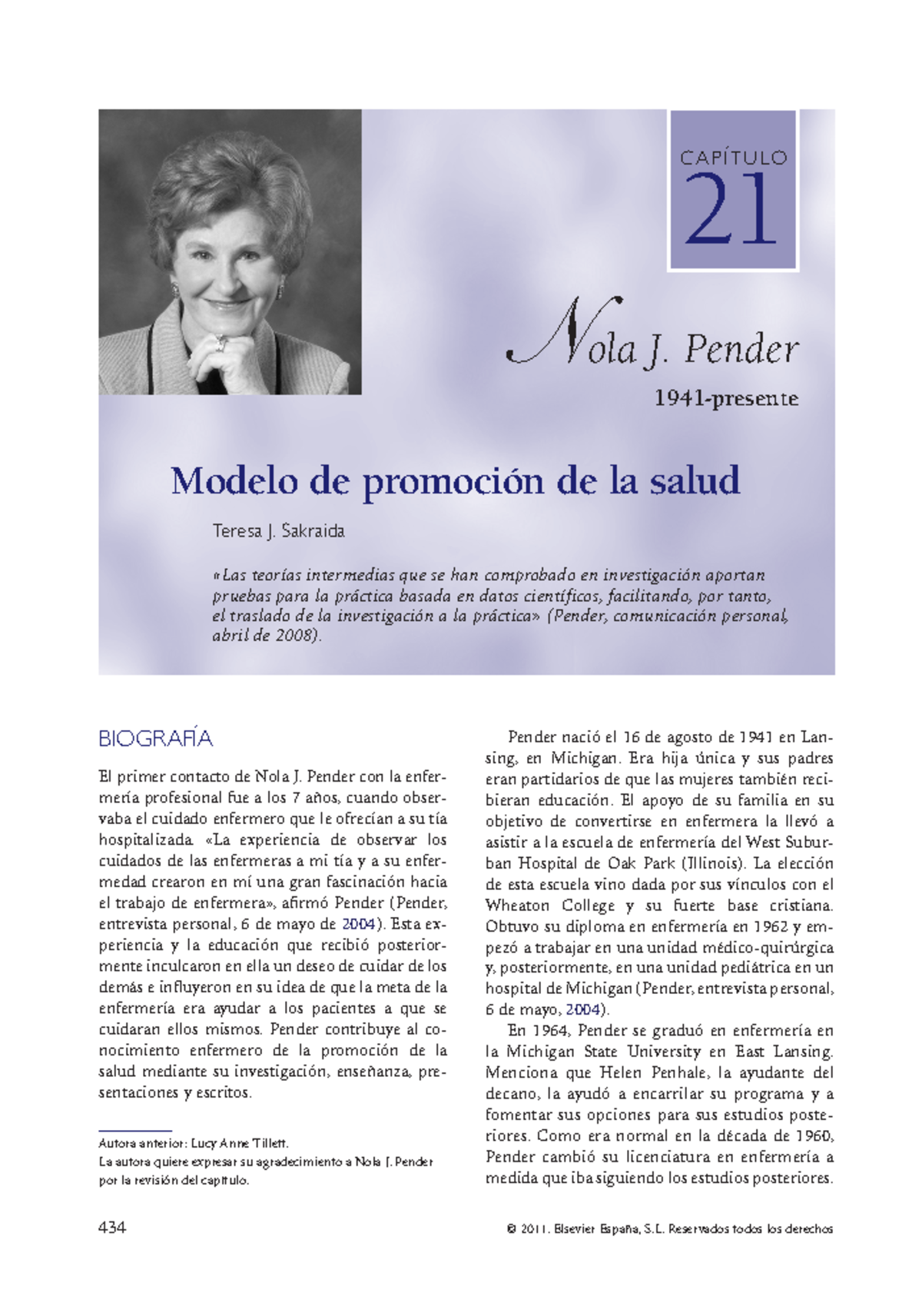 Lect 1 Nola Pender Modelo Promsa - 434 © 2011. Elsevier España, S ...