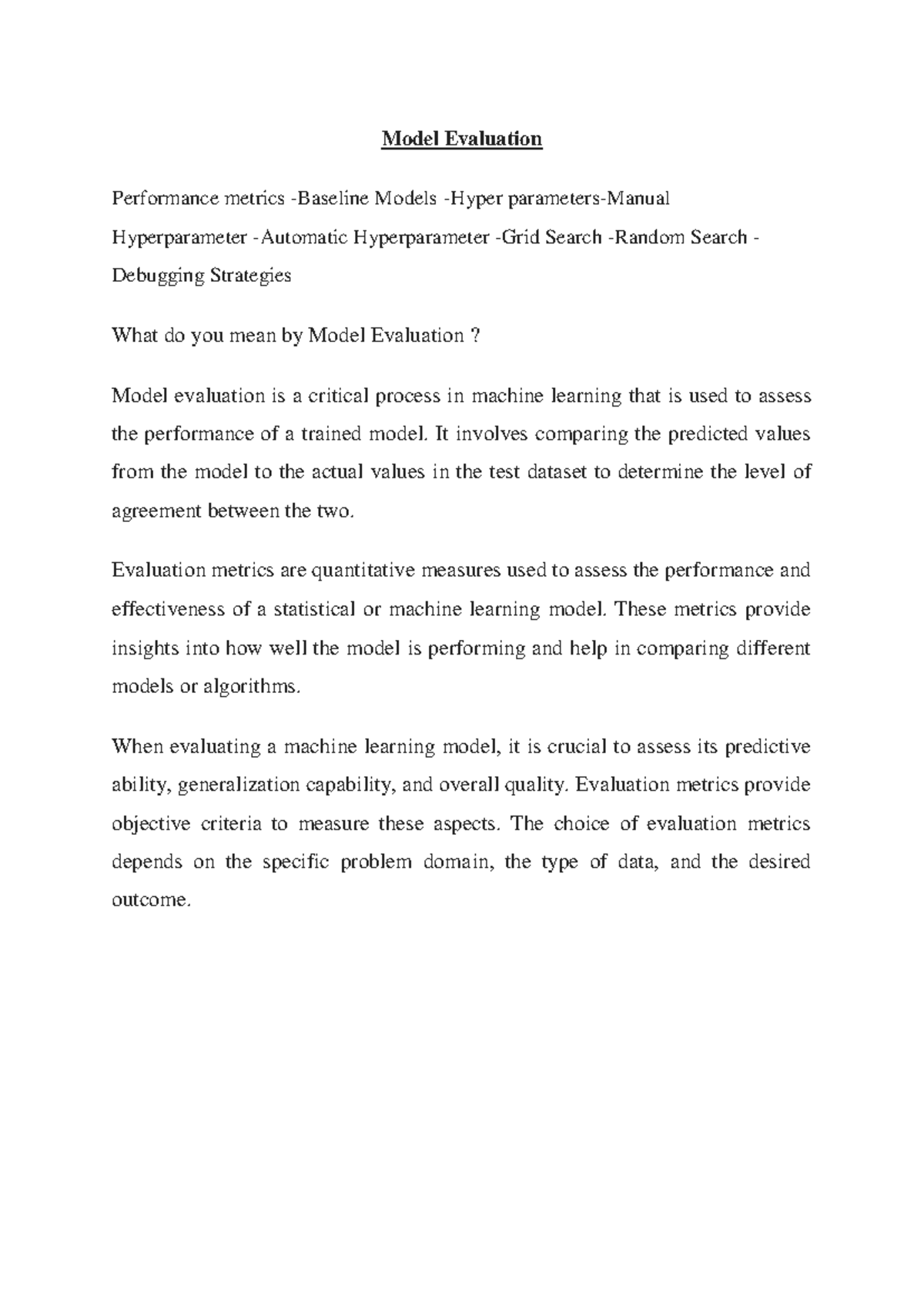 Model evaluation - Unit 4 - Model Evaluation Performance metrics - Baseline Models - Hyper - Studocu