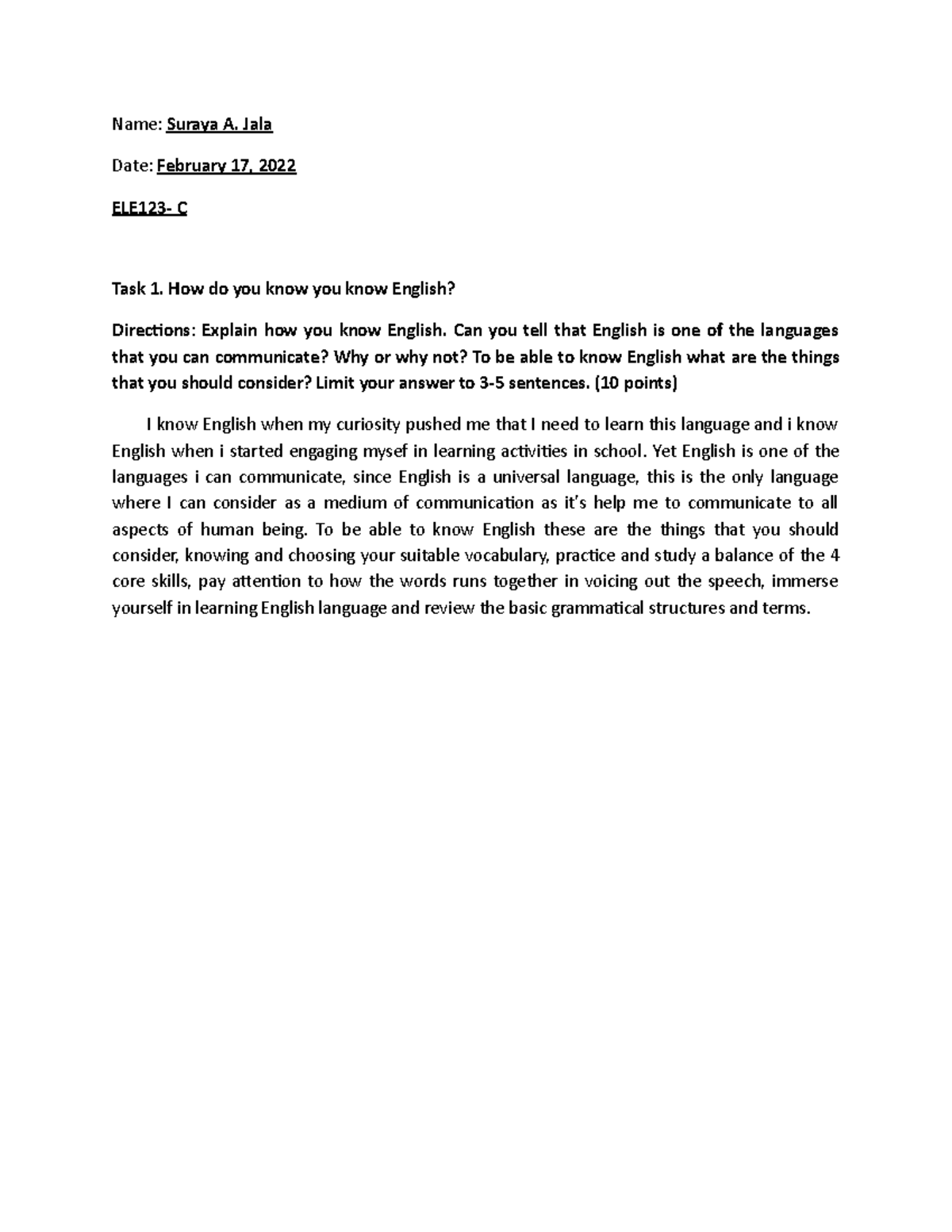 ELE123-C - This is my answer sheet - Name: Suraya A. Jala Date ...