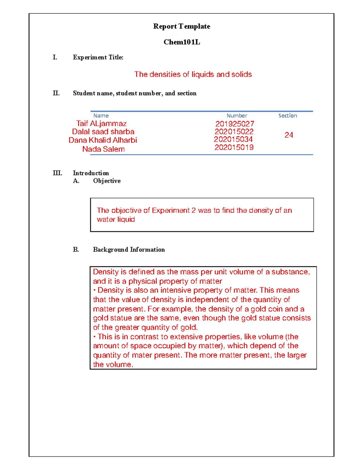 Report Template-E2-1 2 - Report Template Chem101L I. Experiment Title ...