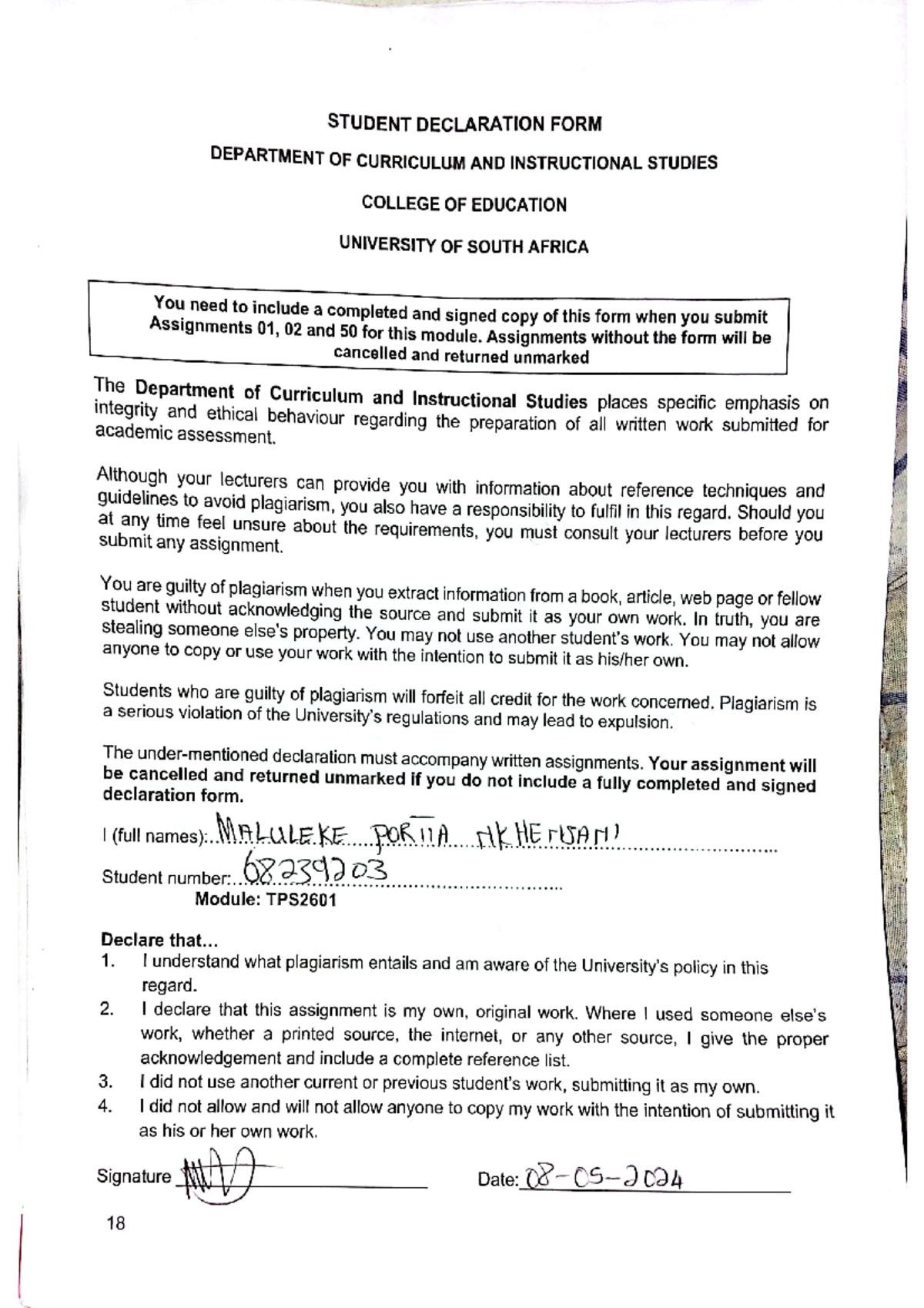 TPS2601assignment 1 portia nkhensani maluleke - STUDENT DECLARATION ...