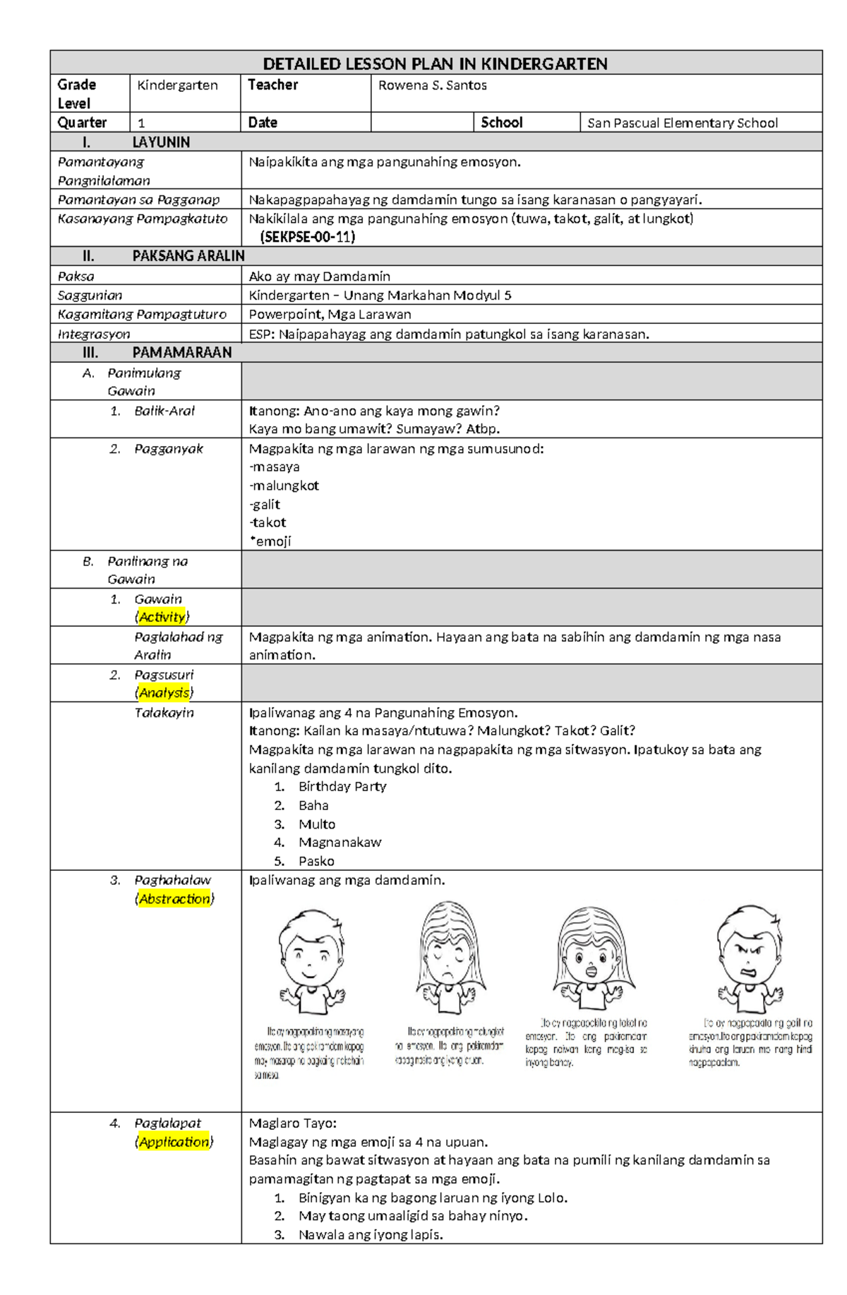 COT1- Kinder - demo - DETAILED LESSON PLAN IN KINDERGARTEN Grade Level Kindergarten Teacher ...