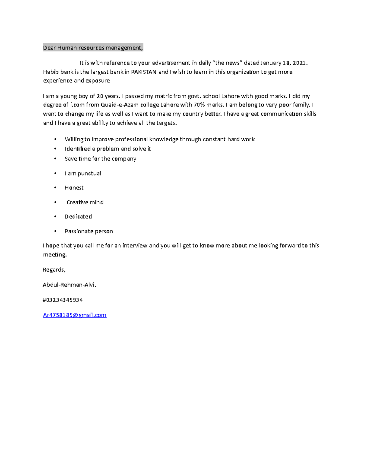 Abdul-Rehman- Alvi bchm-f20-030 - Dear Human resources management, It ...