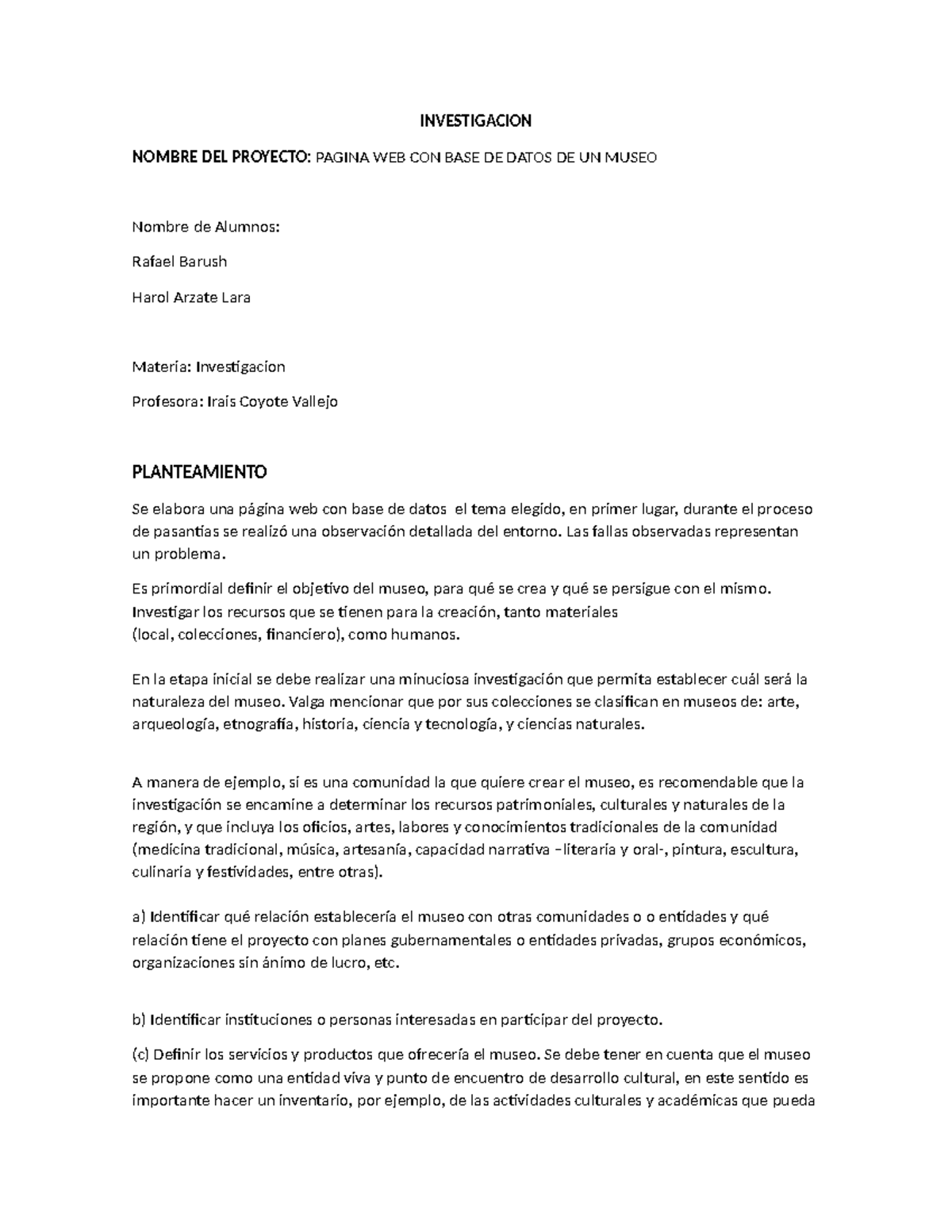 Proyecto museo - INVESTIGACION NOMBRE DEL PROYECTO: PAGINA WEB CON BASE ...