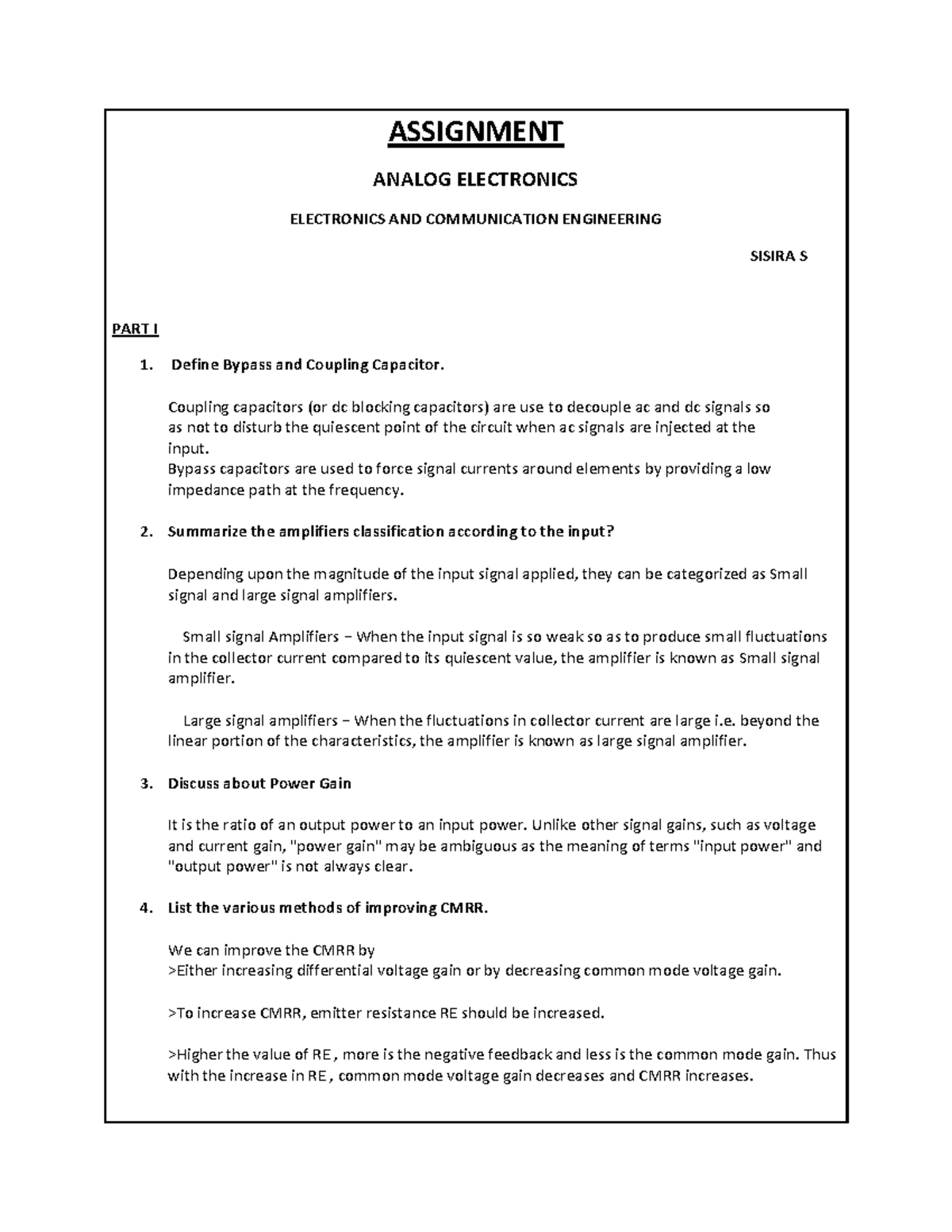 Assignment Analog Electronics - ASSIGNMENT ANALOG ELECTRONICS ELECTRONICS AND COMMUNICATION ...