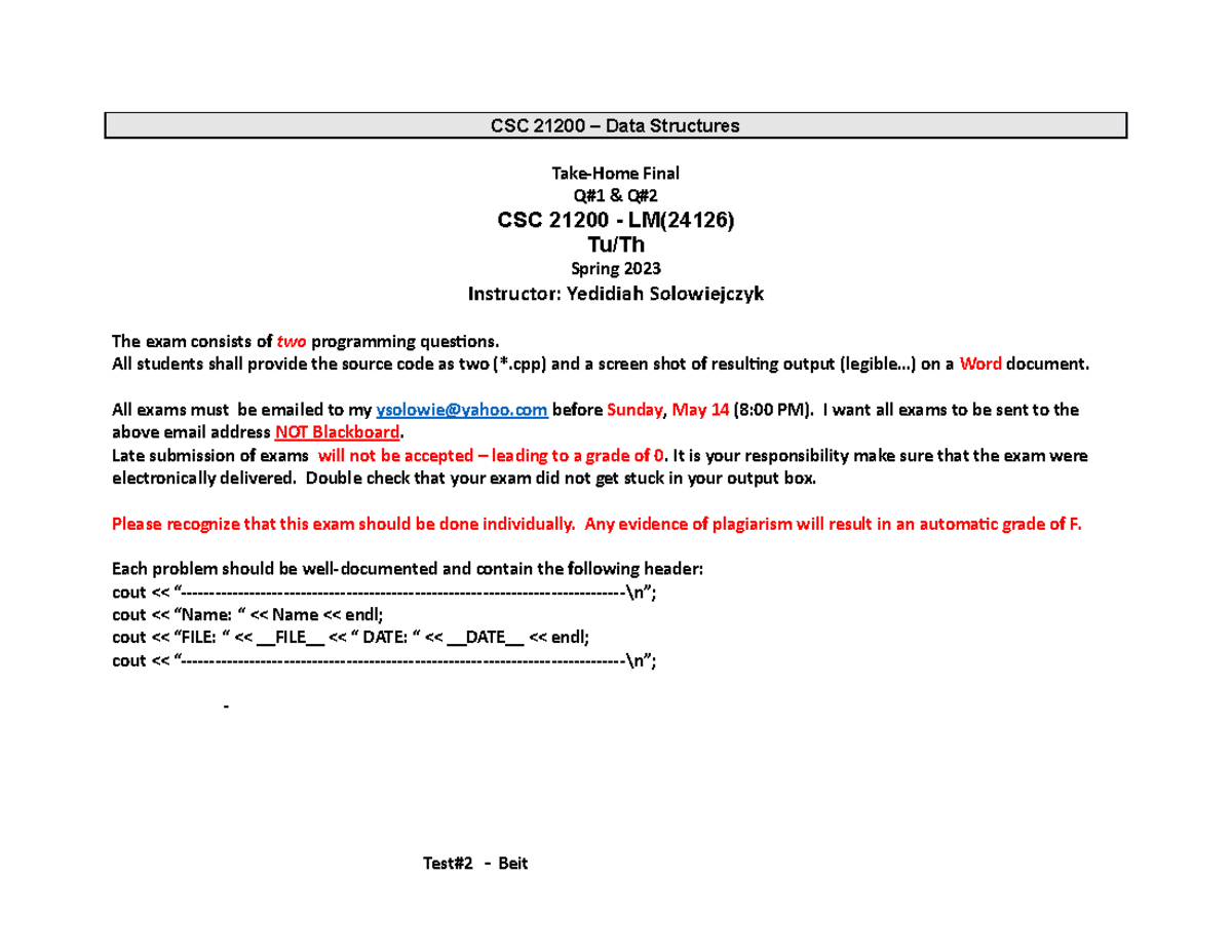 DataS last exam 3 - CSC 21200 – Data Structures Take-Home Final Q#1 & Q# CSC 21200 - LM(24126 ...