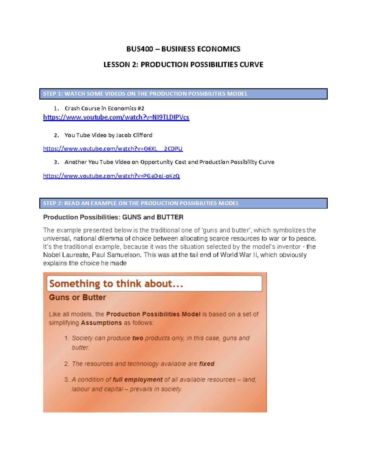 Lesson 2 Production Possibilities - BUS400 BUSINESS ECONOMICS LESSON 2 ...