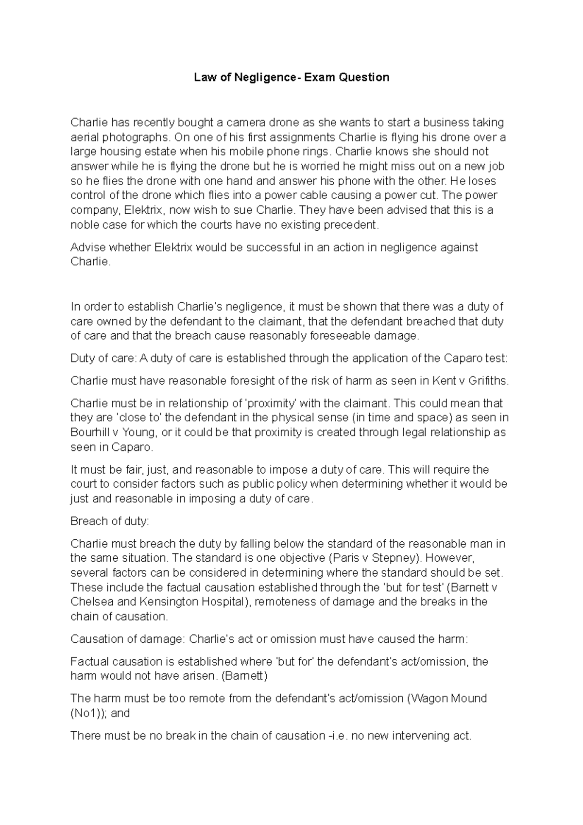 Law of Negligence Exam Question - Law of Negligence- Exam Question ...