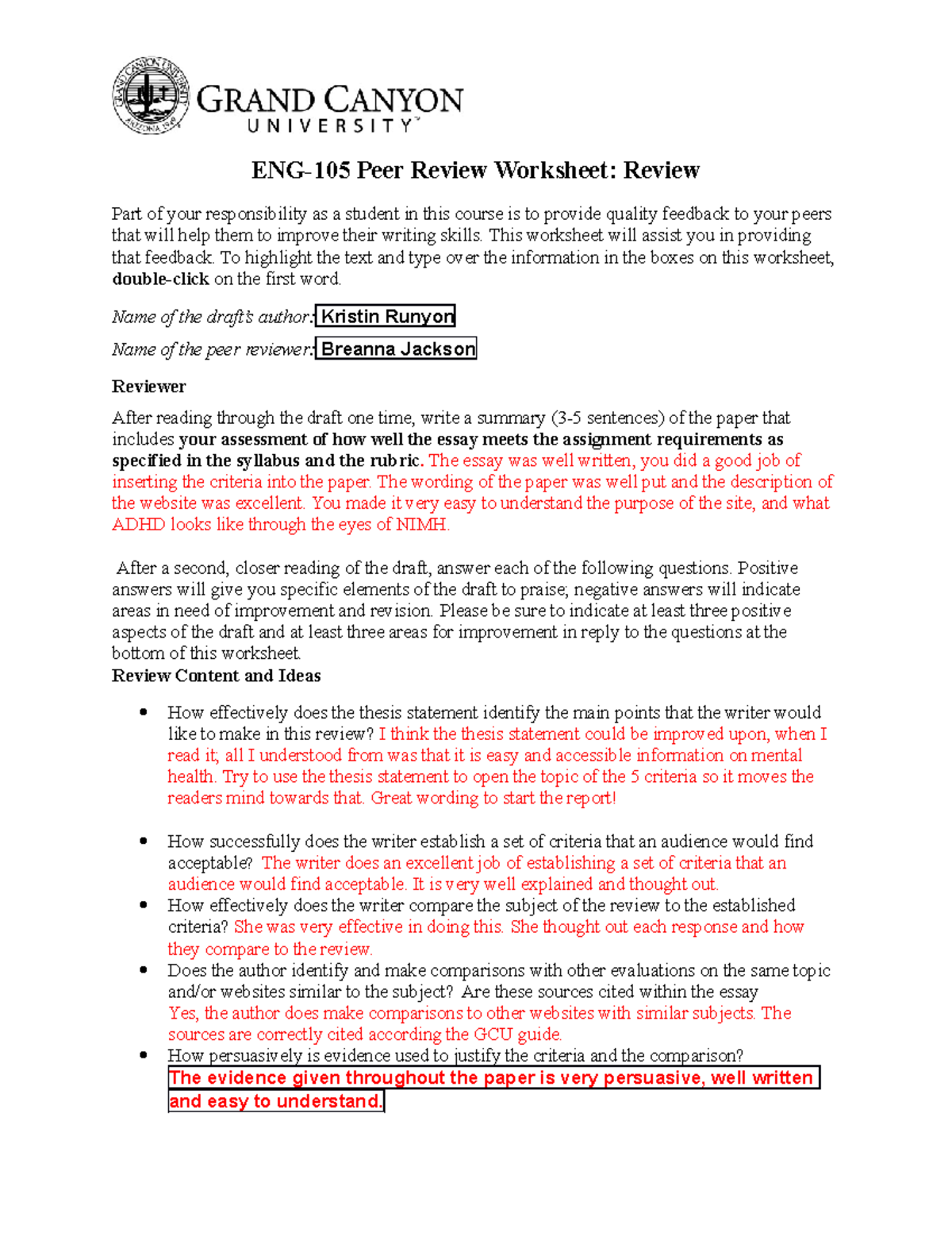 Review Peer Review Worksheet Revised - ENG-105 Peer Review Worksheet ...