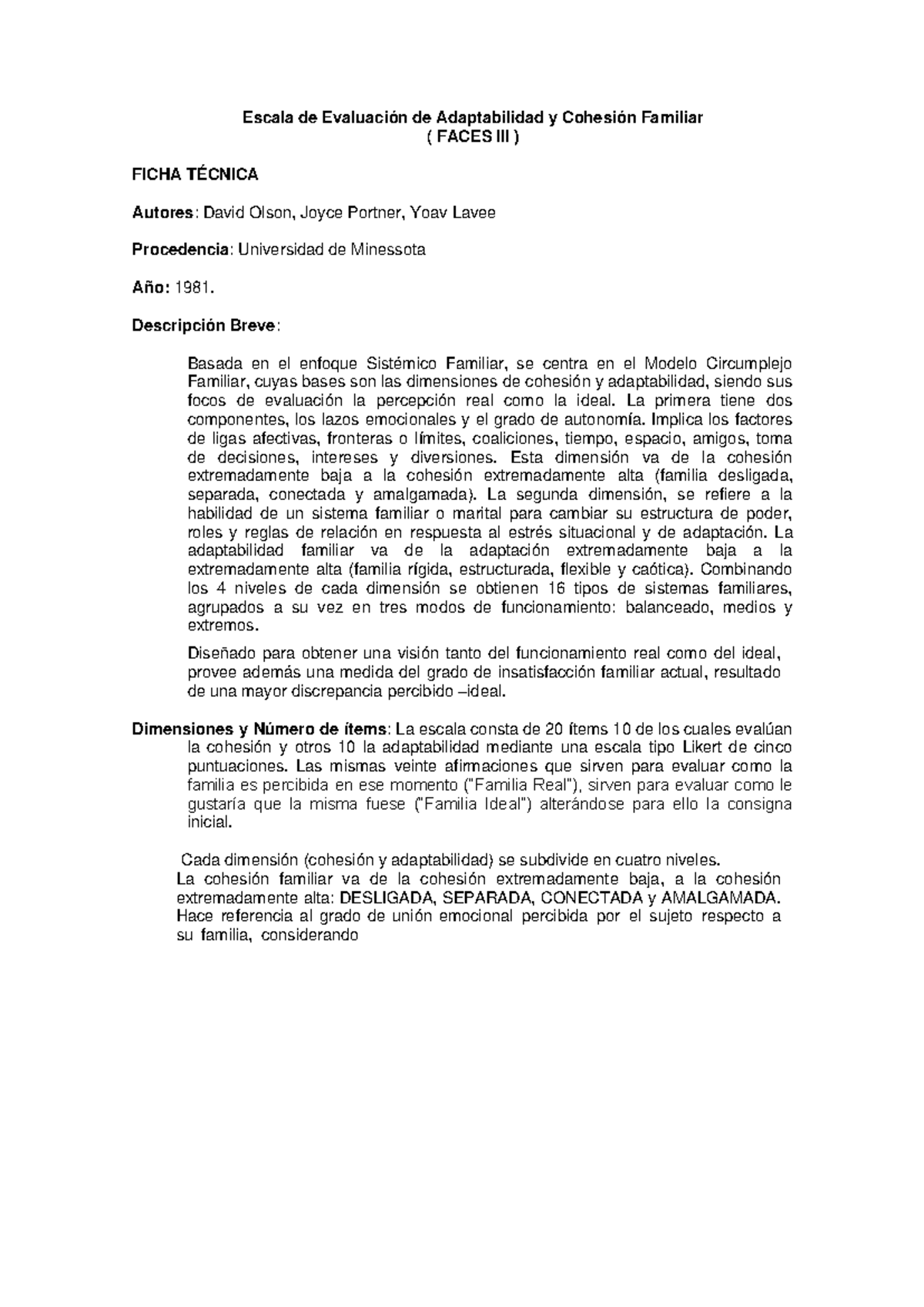 TEST Faces 3 - Escala DE Evaluacion Adaptabilidad Y Cohesion Familiar ...