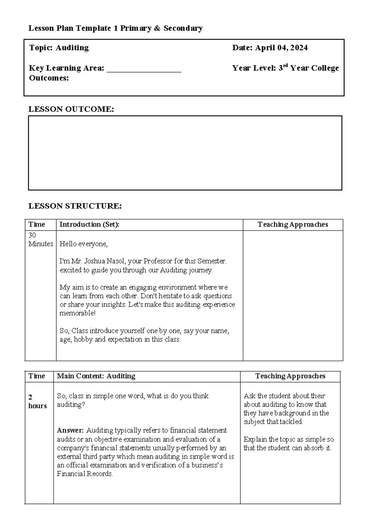 Ins lesson plan template 1 primary secondary - Lesson Plan Template 1 ...