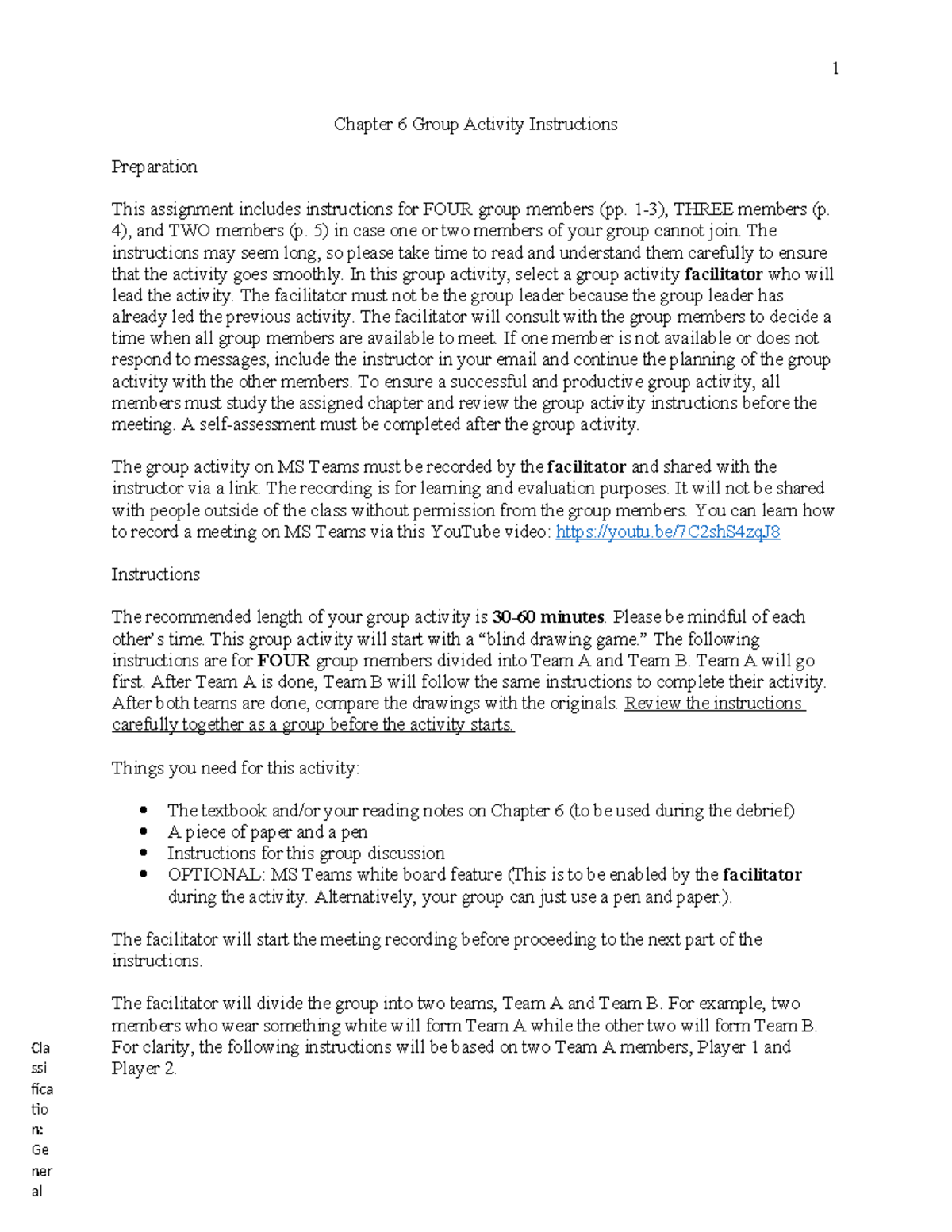 COMM1101 Chapter 6 Group Discussion Activity - Cla ssi fica tio n: Ge ...
