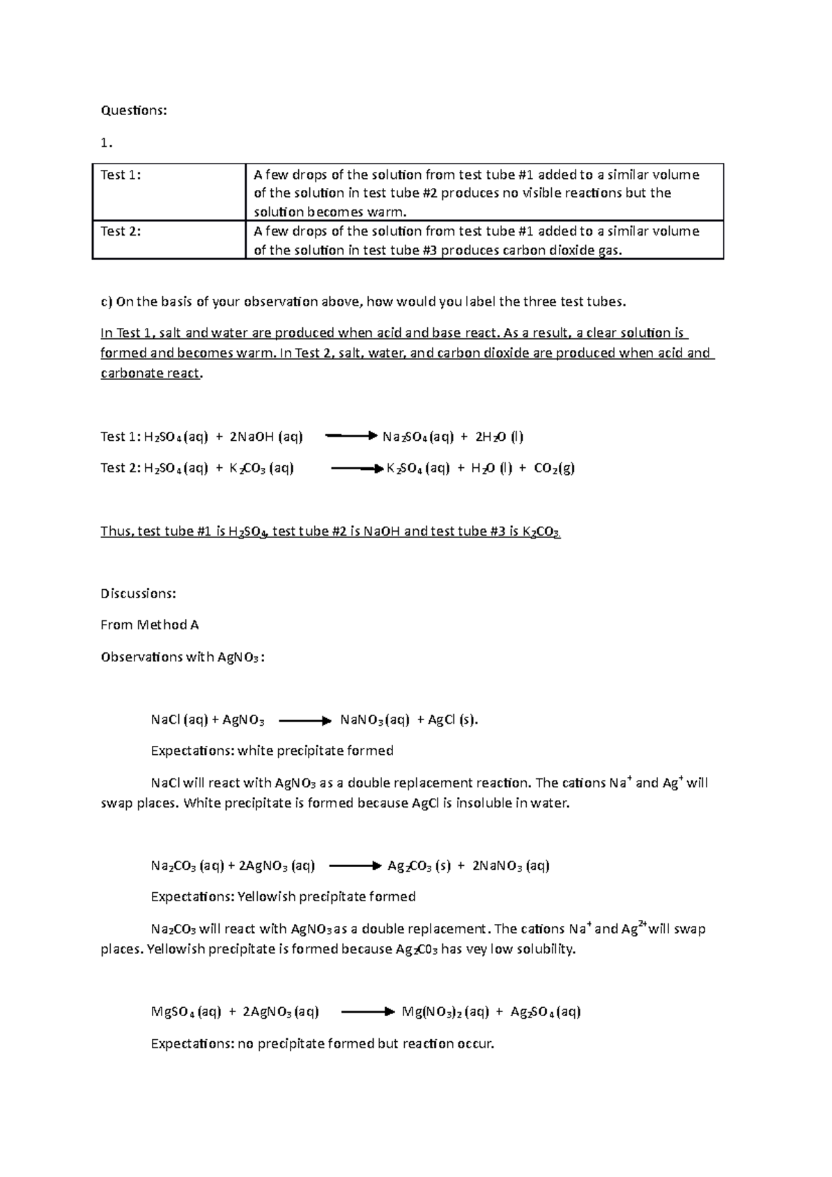 Identification OF A Compound - Questions: 1. Test 1: A few drops of the ...