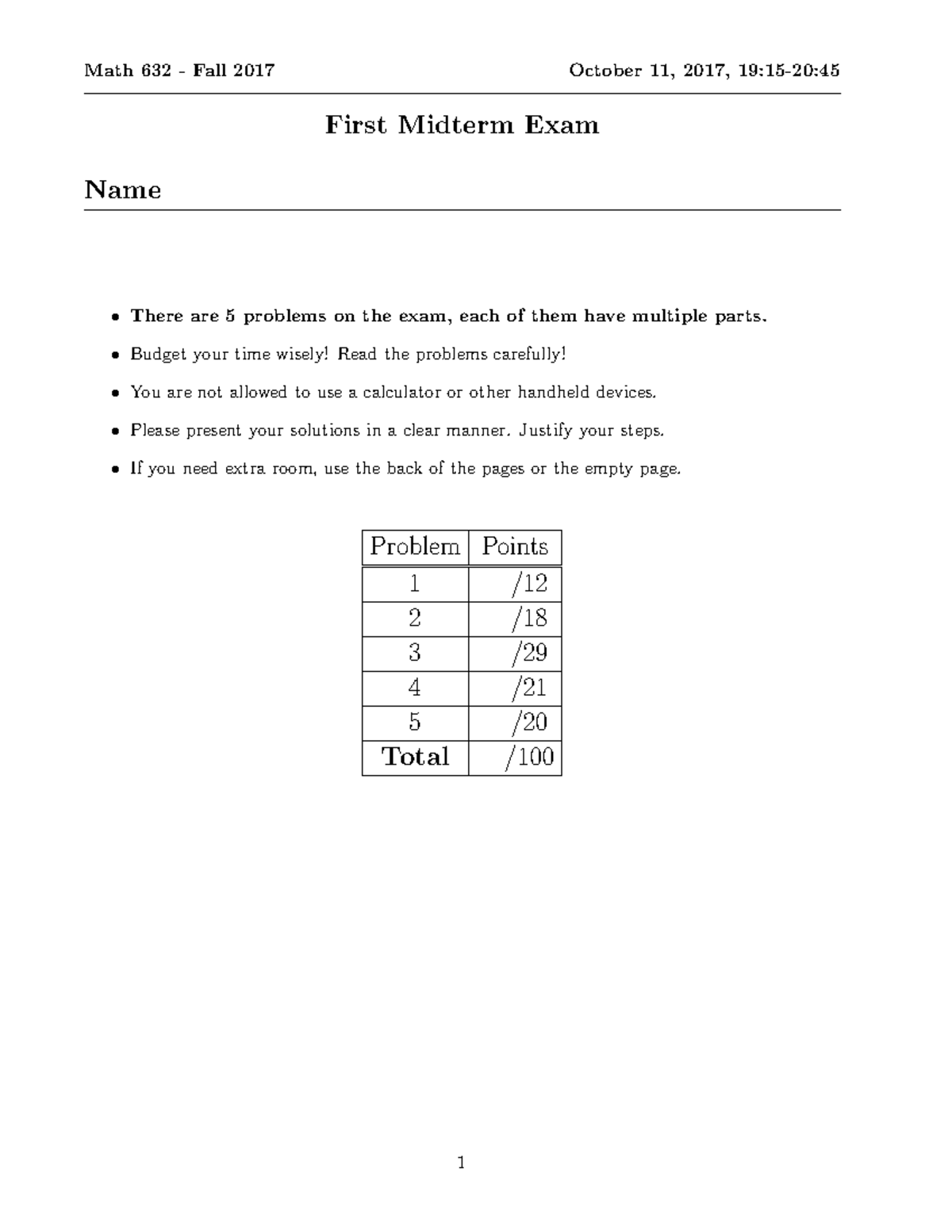 632 Exam01 f2017 - Midterm 1 - Math 632 - Fall 2017 October 11, 2017 ...