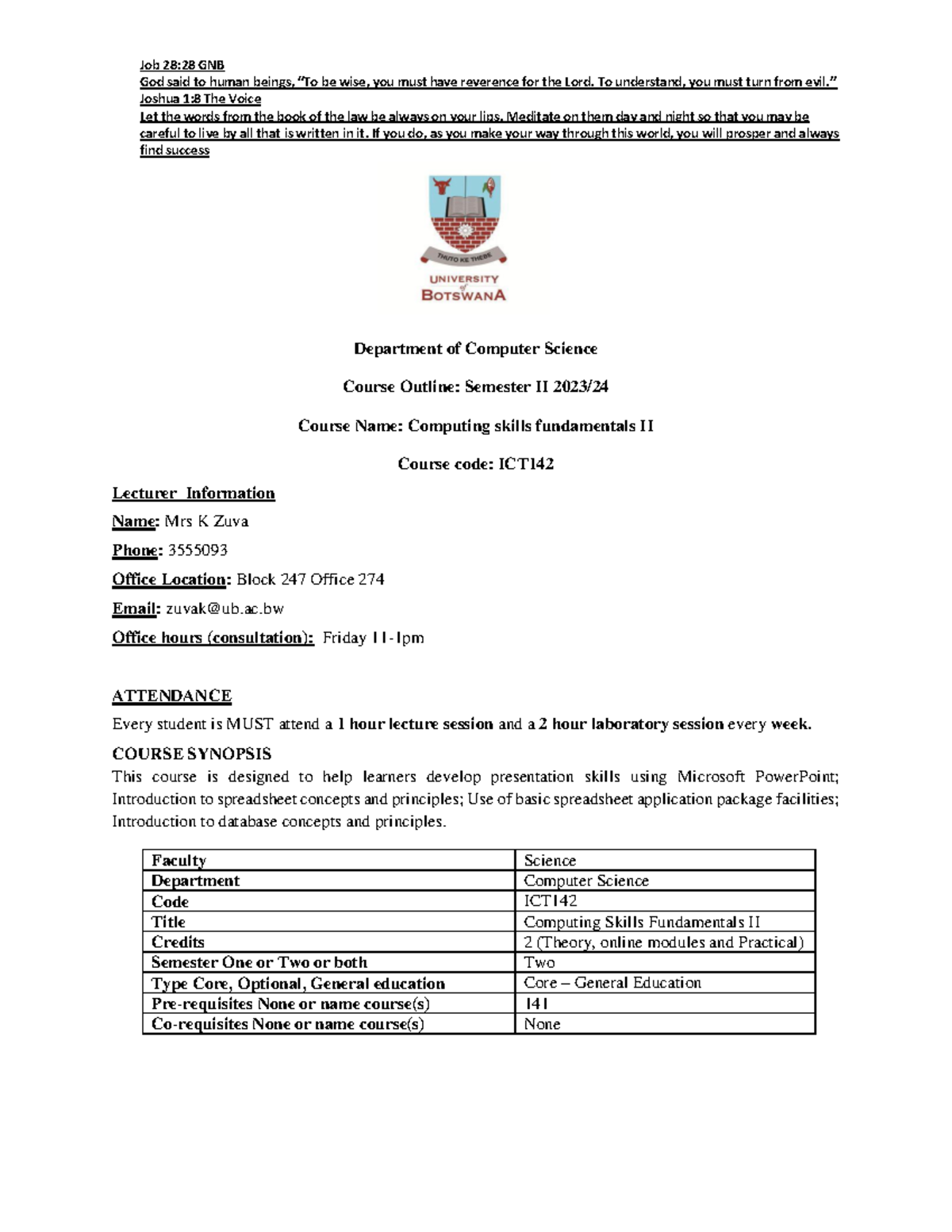 ICT 142 Course outline 2023-24 Semester 2 2 - God said to human beings ...