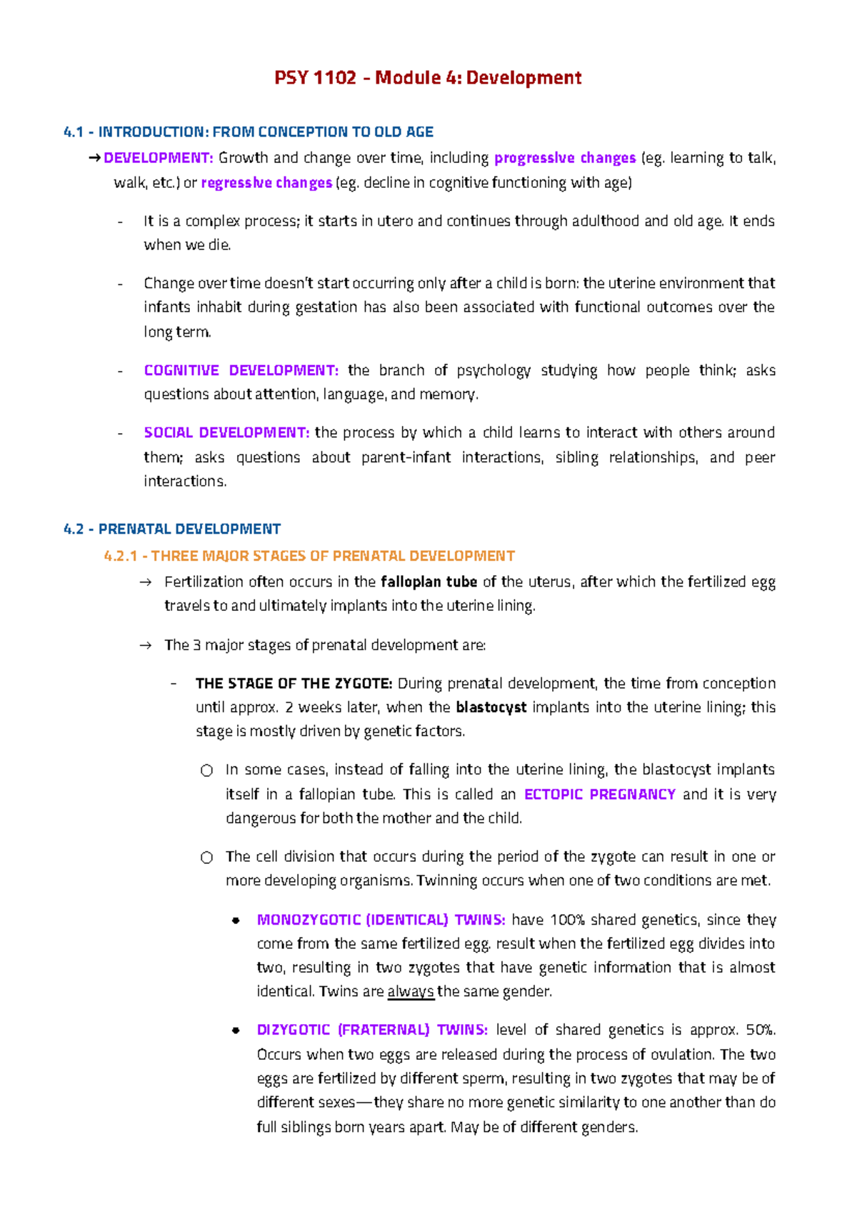 PSY 1102 - Module 4 Development (Textbook Notes) - PSY 1102 - Module 4 ...