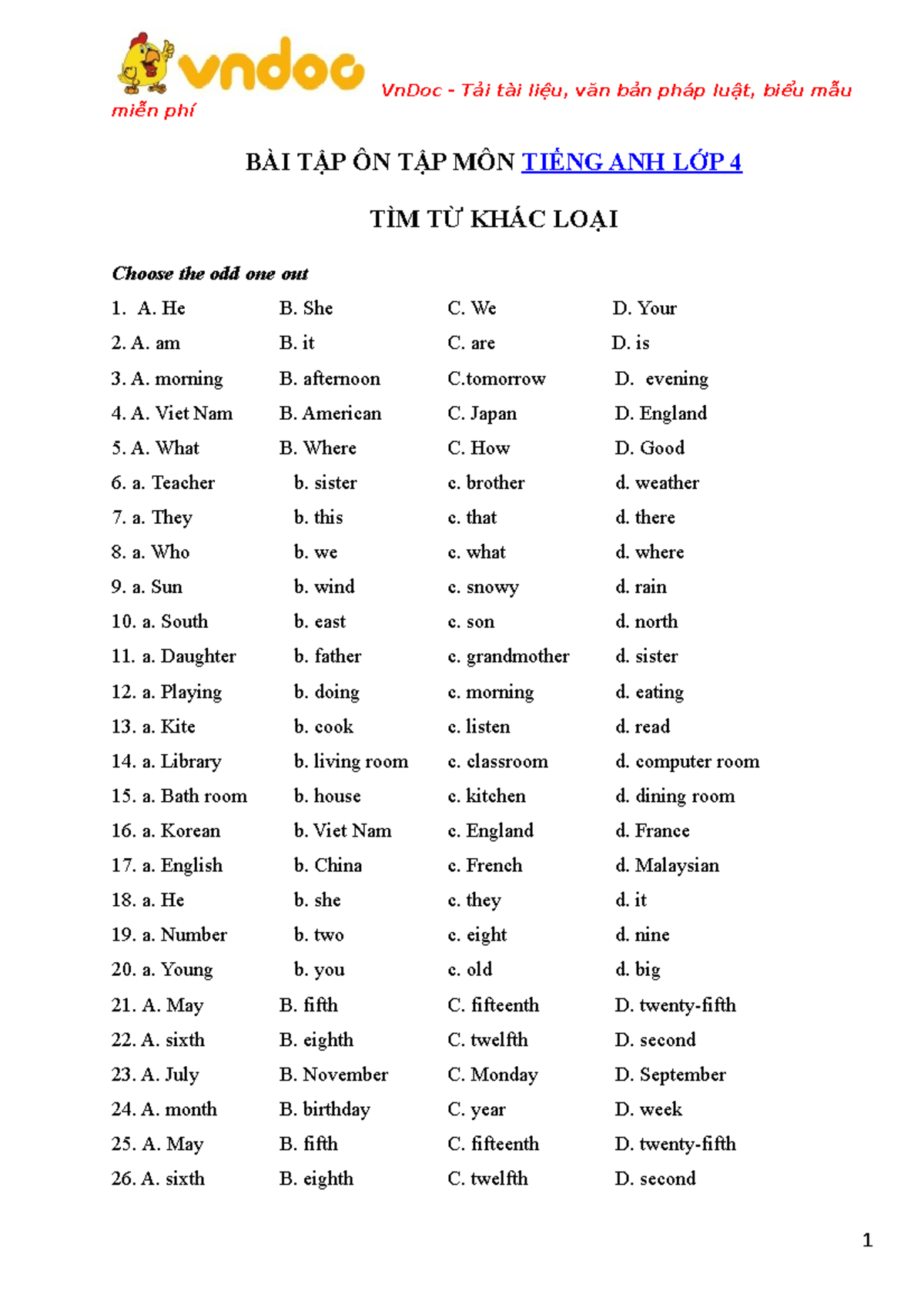 Bai tap tim tu khac loai lop 4 - miễn phí BÀI TẬP ÔN TẬP MÔN TIẾNG ANH ...