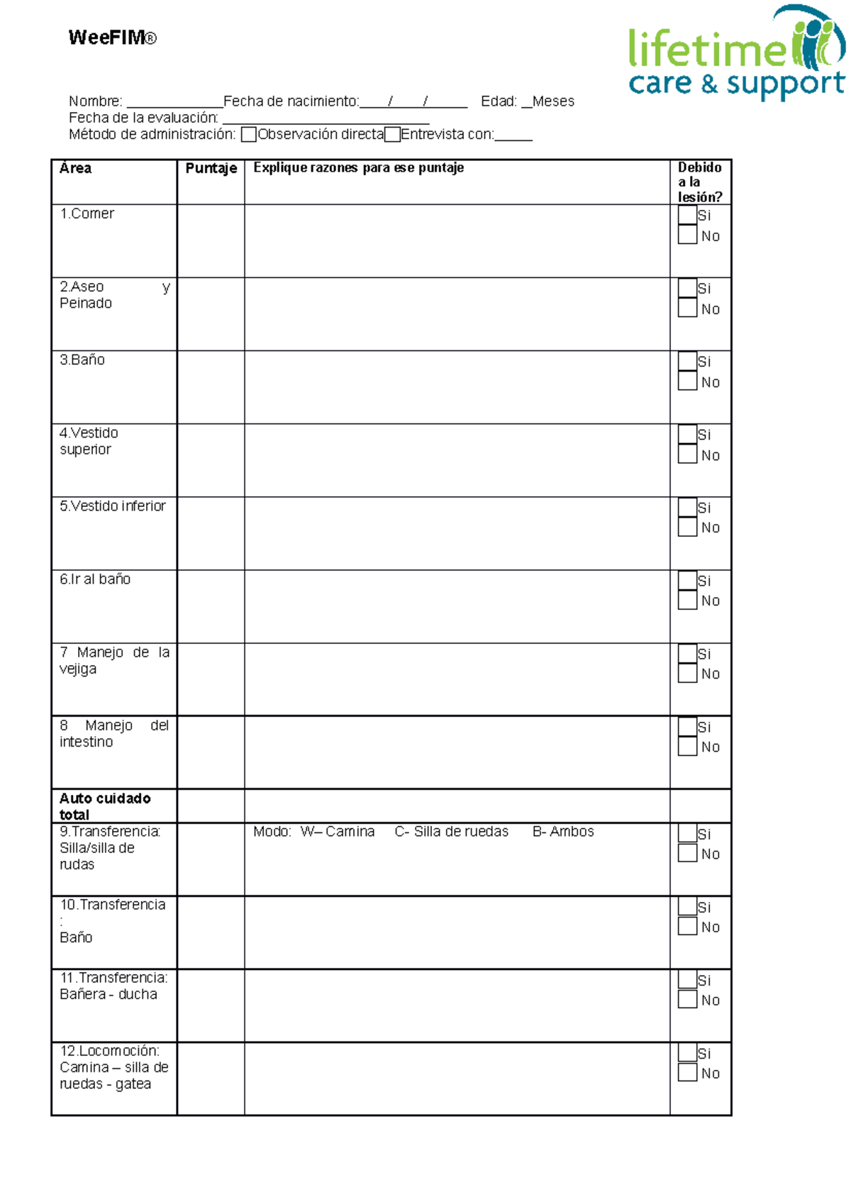Wee FIM castellano - Evaluación AVD pediatrica - WeeFIM® Nombre: Fecha de nacimiento: / / Edad ...