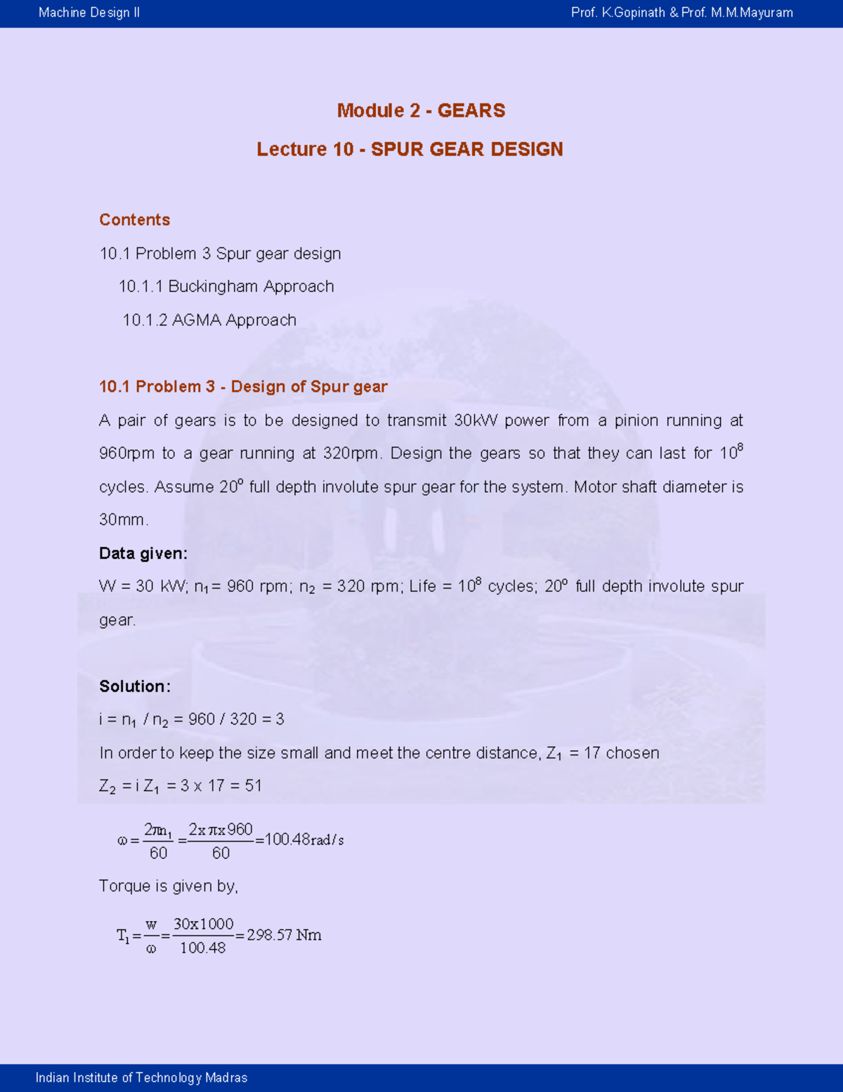 Design of Mechanical Engineering - Module 2 - GEARS Lecture 10 - SPUR ...