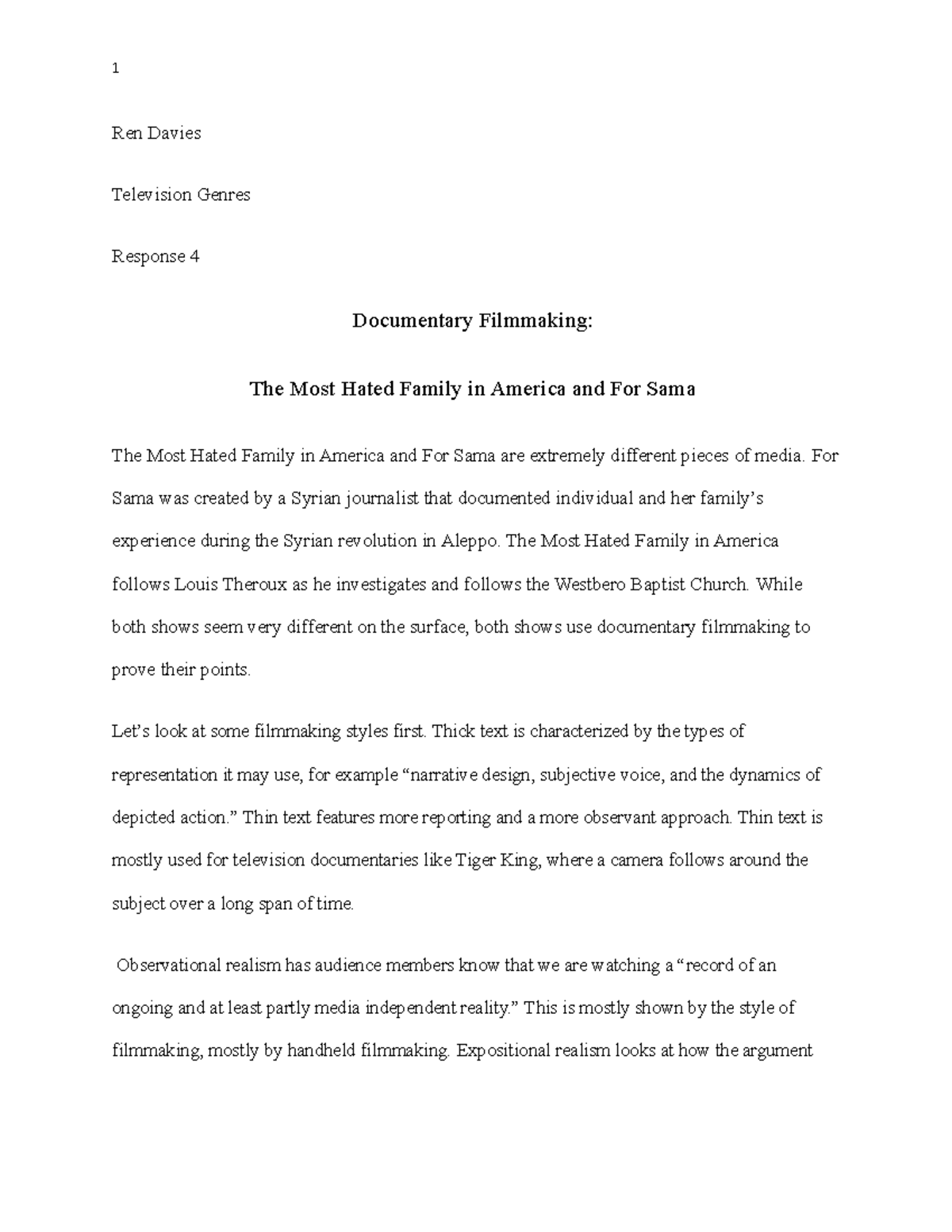 Television Essay - Analysis on Documentaries - 1 Ren Davies Television ...