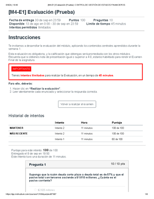 [M1-E1] Evaluación (Prueba) Control DE Gestión DE Estados Financieros 100% - [M1-E1] Evaluación ...
