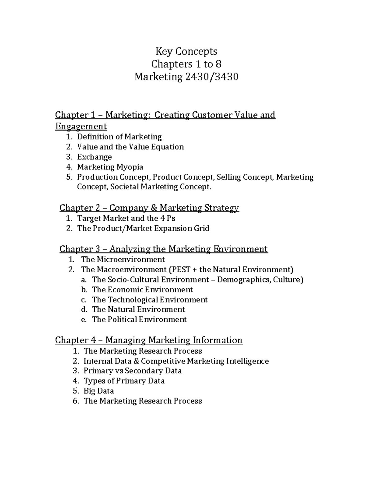 Key Concepts Chapters 1 - 8 - Key Concepts Chapters 1 to 8 Marketing ...