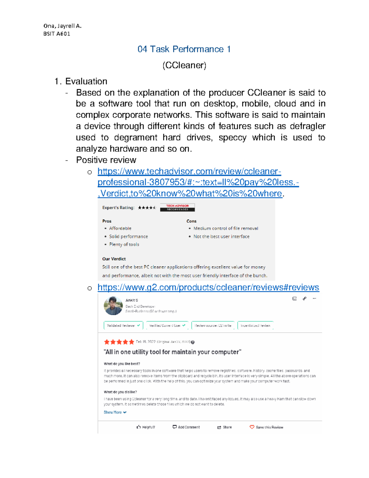 04 Task Performance 1 Ona Jayrell - Ona, Jayrell A. BSIT A 601 04 Task Performance 1 (CCleaner ...