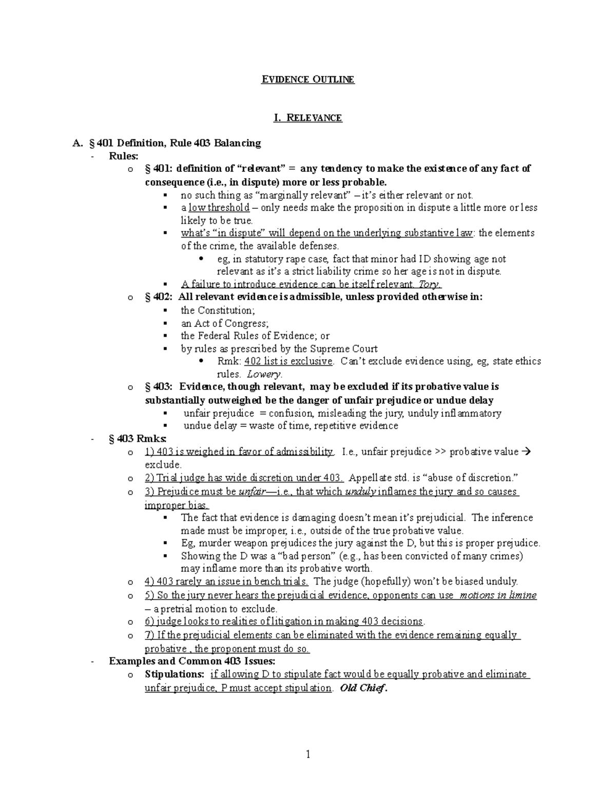 Evidence online - course outline - EVIDENCE OUTLINE I. RELEVANCE A ...