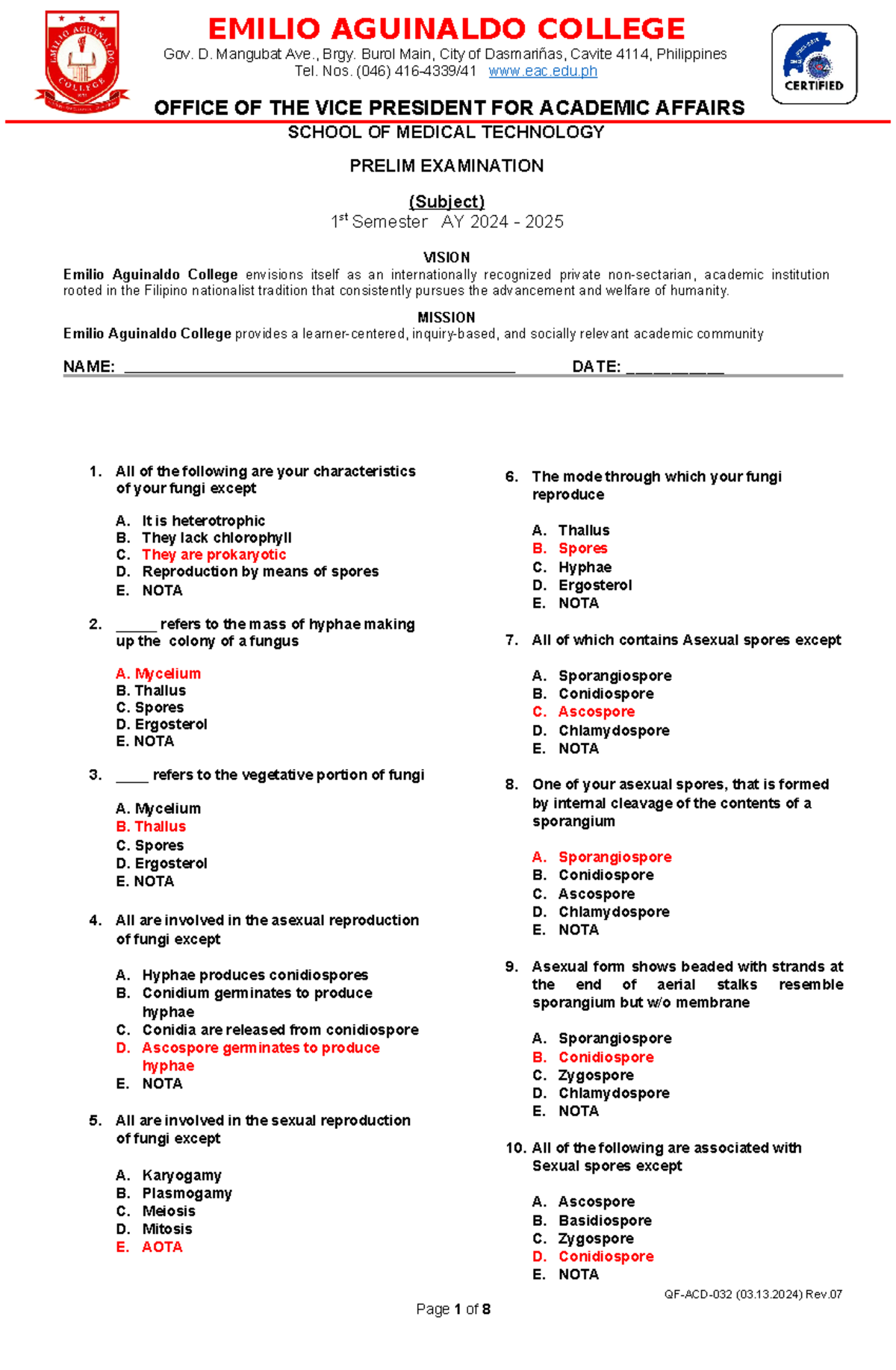 Myco viro prelim - exam - SCHOOL OF MEDICAL TECHNOLOGY PRELIM EXAMINATION (Subject) 1 st ...
