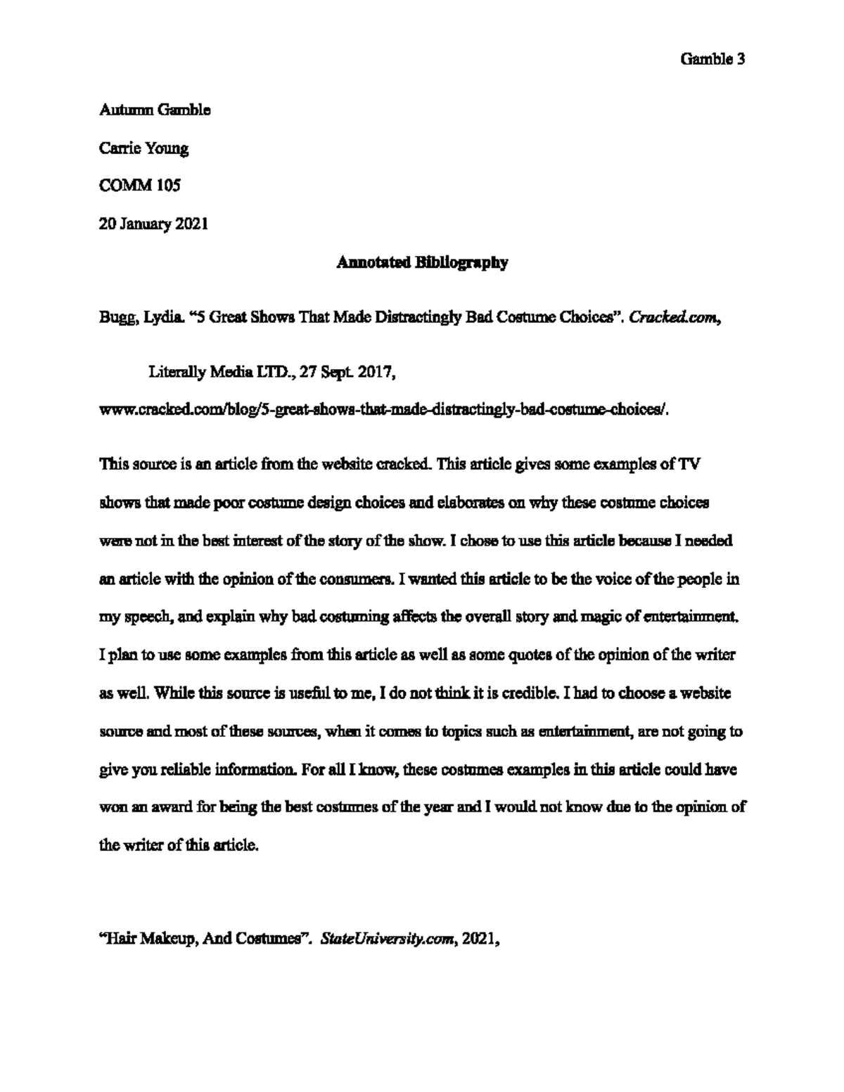 Annotated Bibliography Informative Speech 1 COMM 105 Studocu