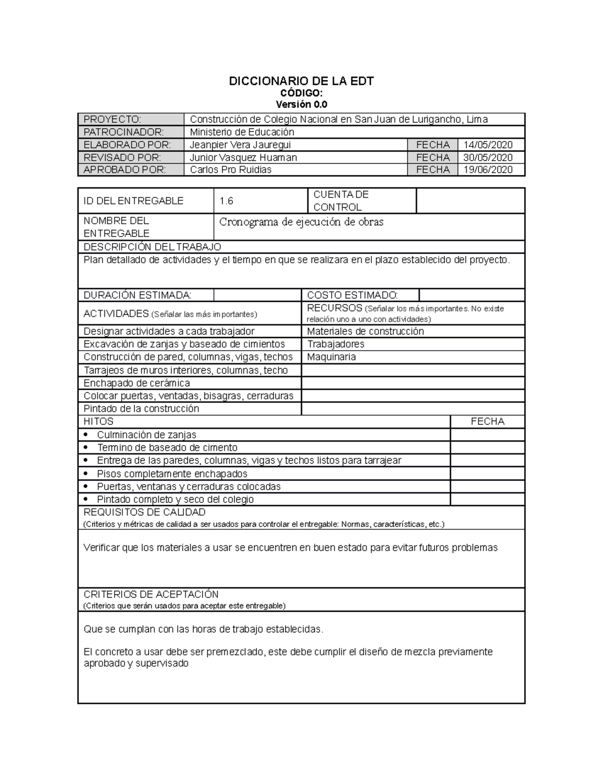 Entregables - DICCIONARIO DE LA EDT CÓDIGO: Versión 0. PROYECTO ...