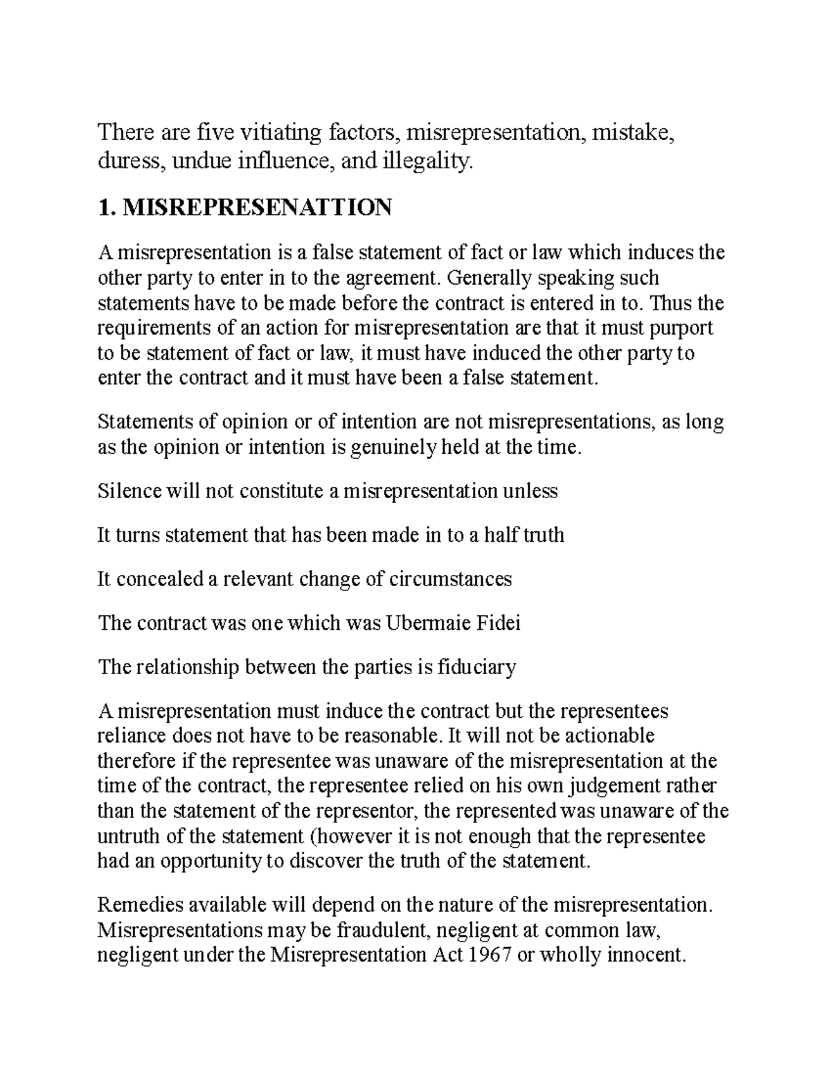 Business law - Grade: b+ - There are five vitiating factors ...