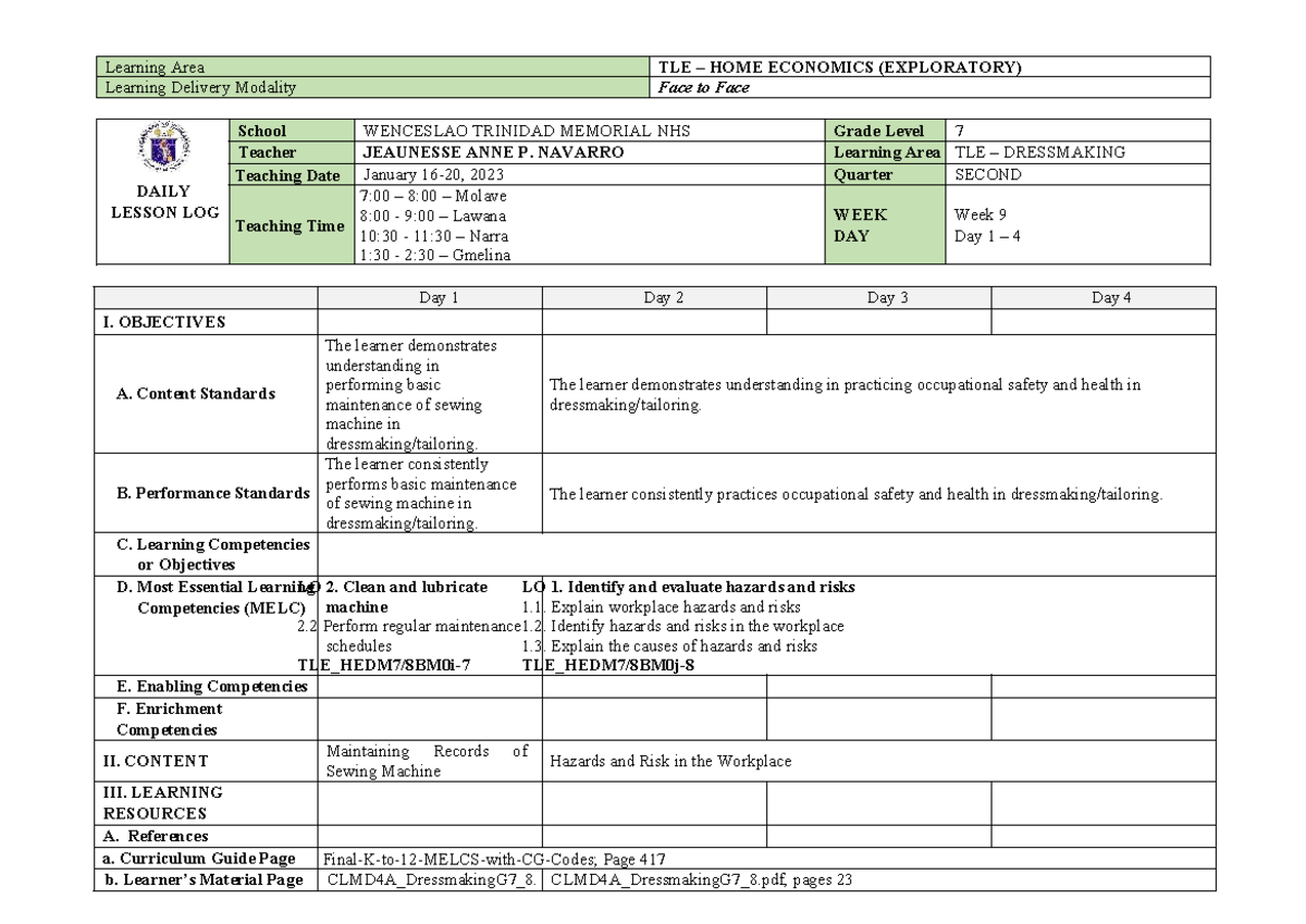 Week 9 - Day 1-4 - Plan for Week 9 - Learning Area TLE – HOME ECONOMICS (EXPLORATORY) Learning ...