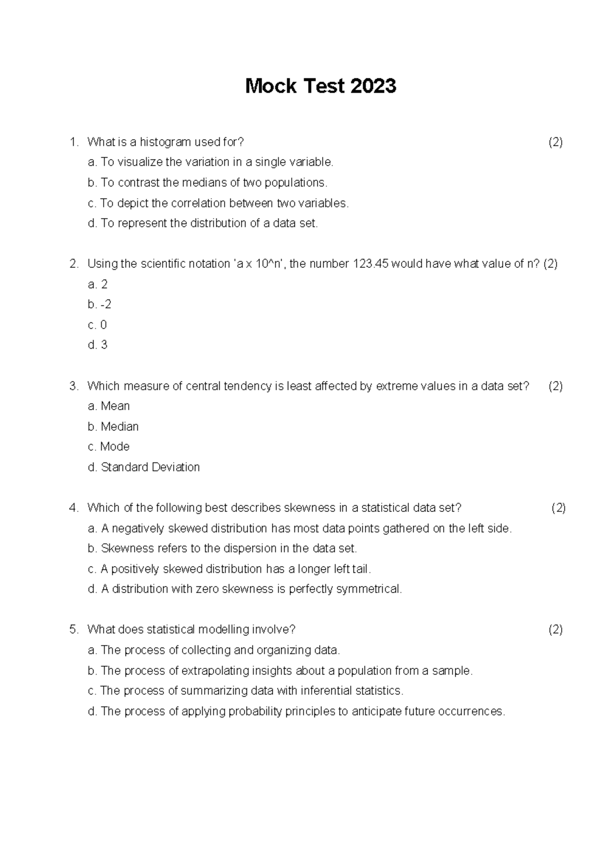 Mock Test - Statistics - Mock Test 2023 What is a histogram used for ...