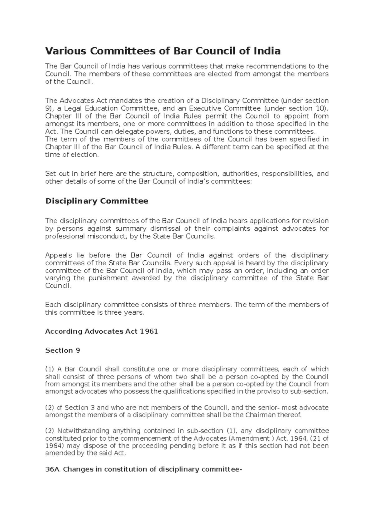 LLB Project 3rd Sem Committees Various Committees Of Bar Council Of