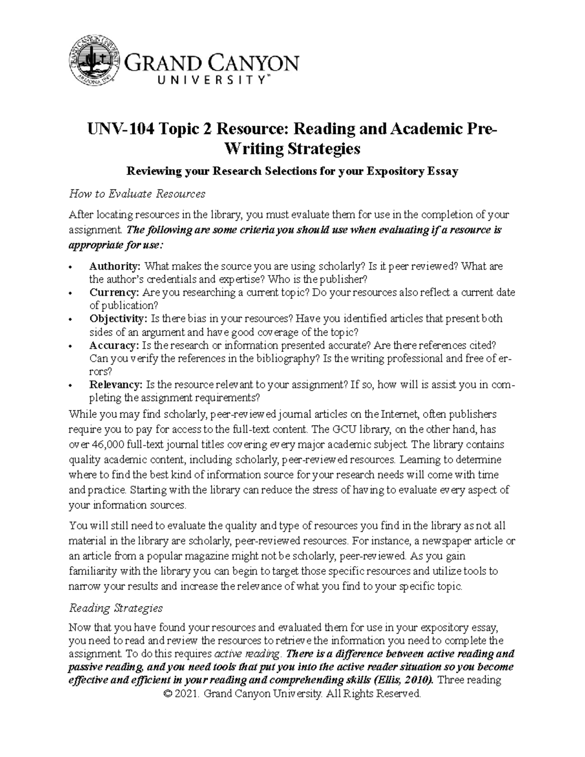 UNV 104 T2 Resource - UNV-104 Topic 2 Resource: Reading and Academic ...