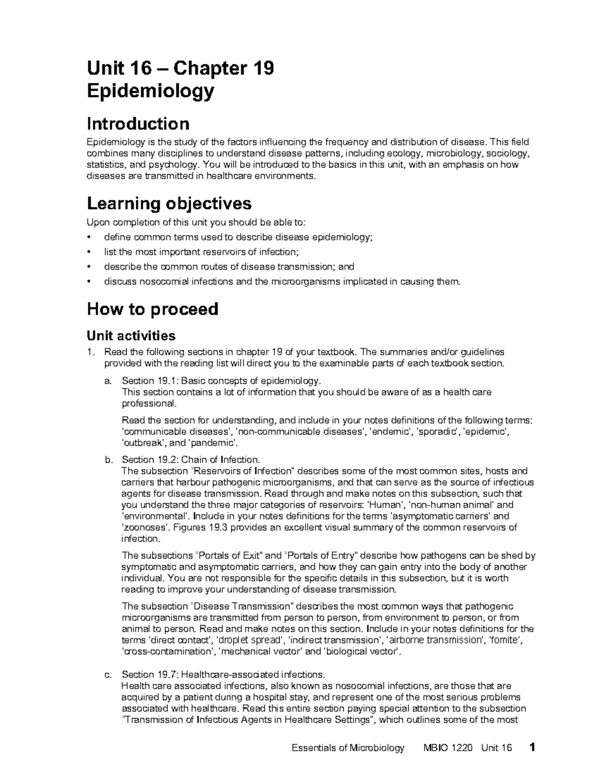 Unit16 9th ed - Essentials of Microbiology MBIO 1220 Unit 16 1 Unit 16 – Chapter 19 Epidemiology ...