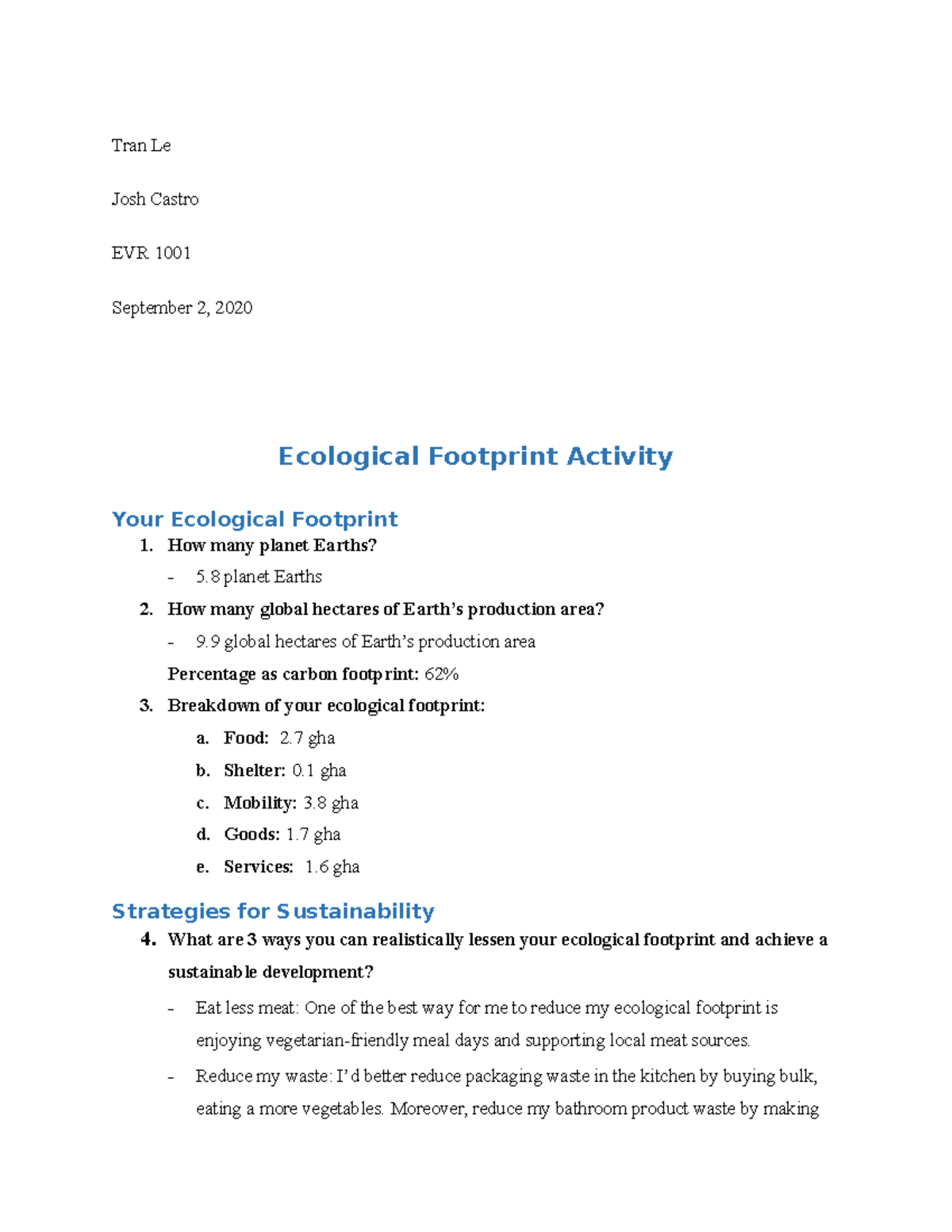 Ecological Footprint Activity - Tran Le Josh Castro EVR 1001 September ...