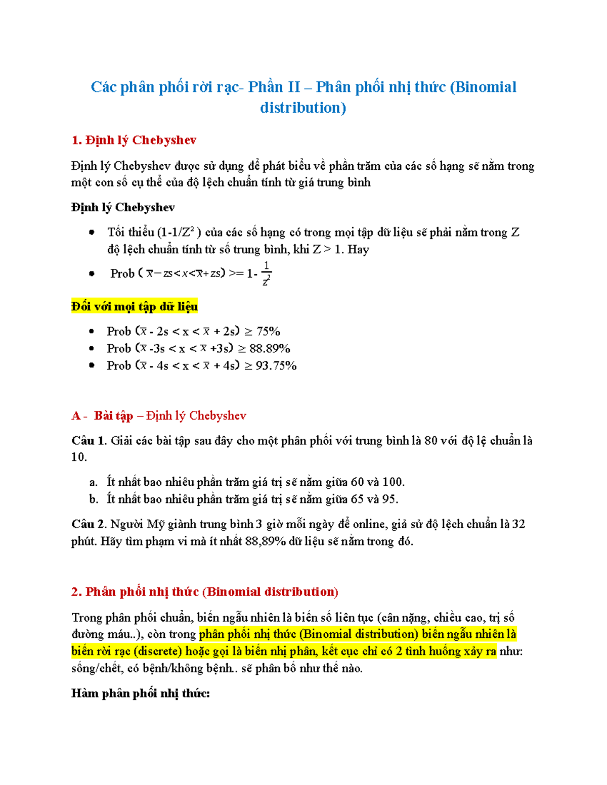 Buoi 08. Cac phan phoi roi rac - Phan 2 - Phan phoi nhi thuc - Các phân phối rời rạc- Phần II ...