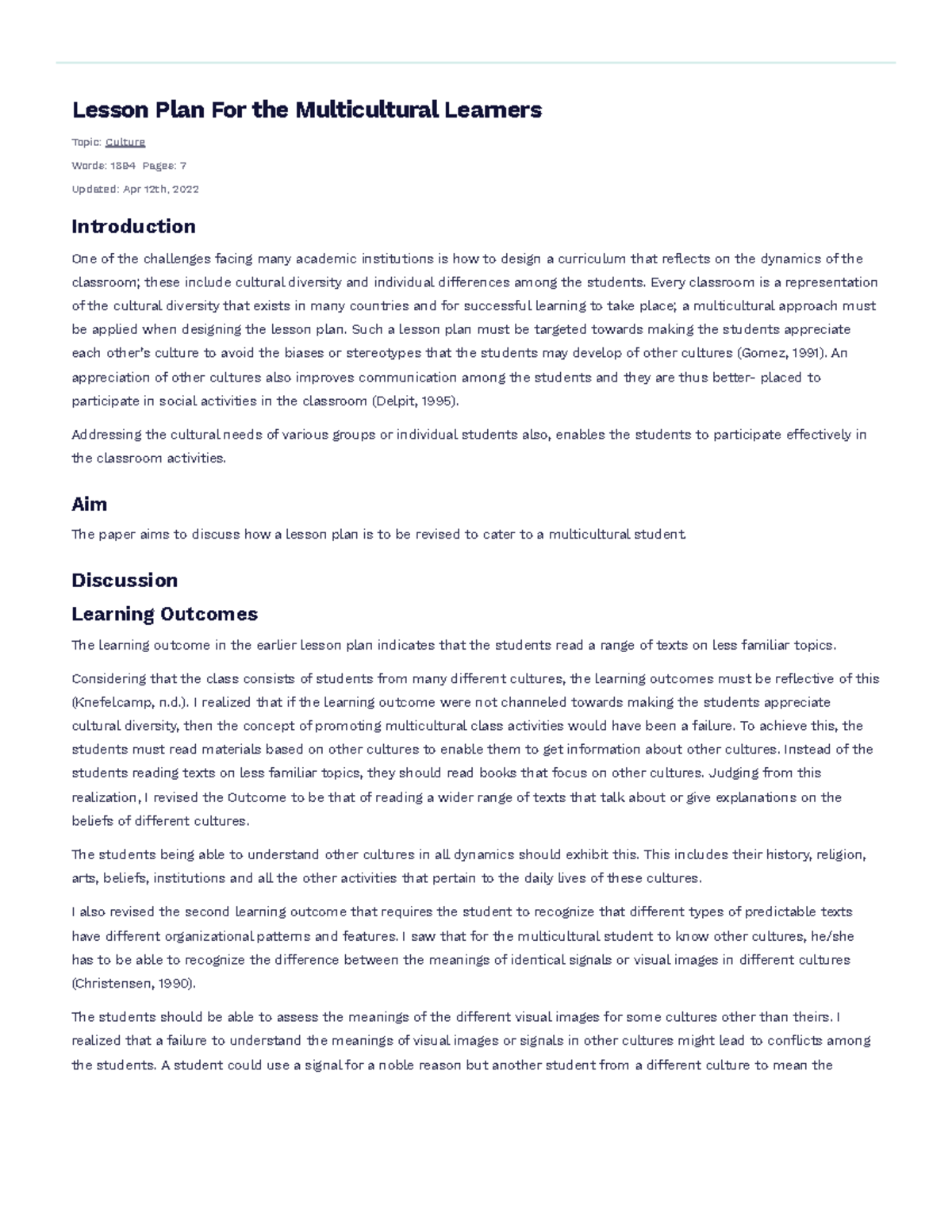 Lesson Plan For the Multicultural Learners Free Essay Example - Lesson ...