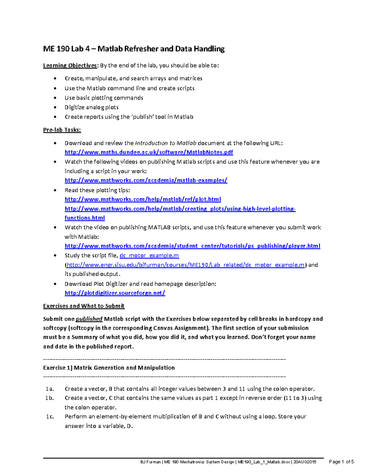 ME 190 Lab 4 - Course work - ME 190 Lab 4 – Matlab Refresher and Data ...
