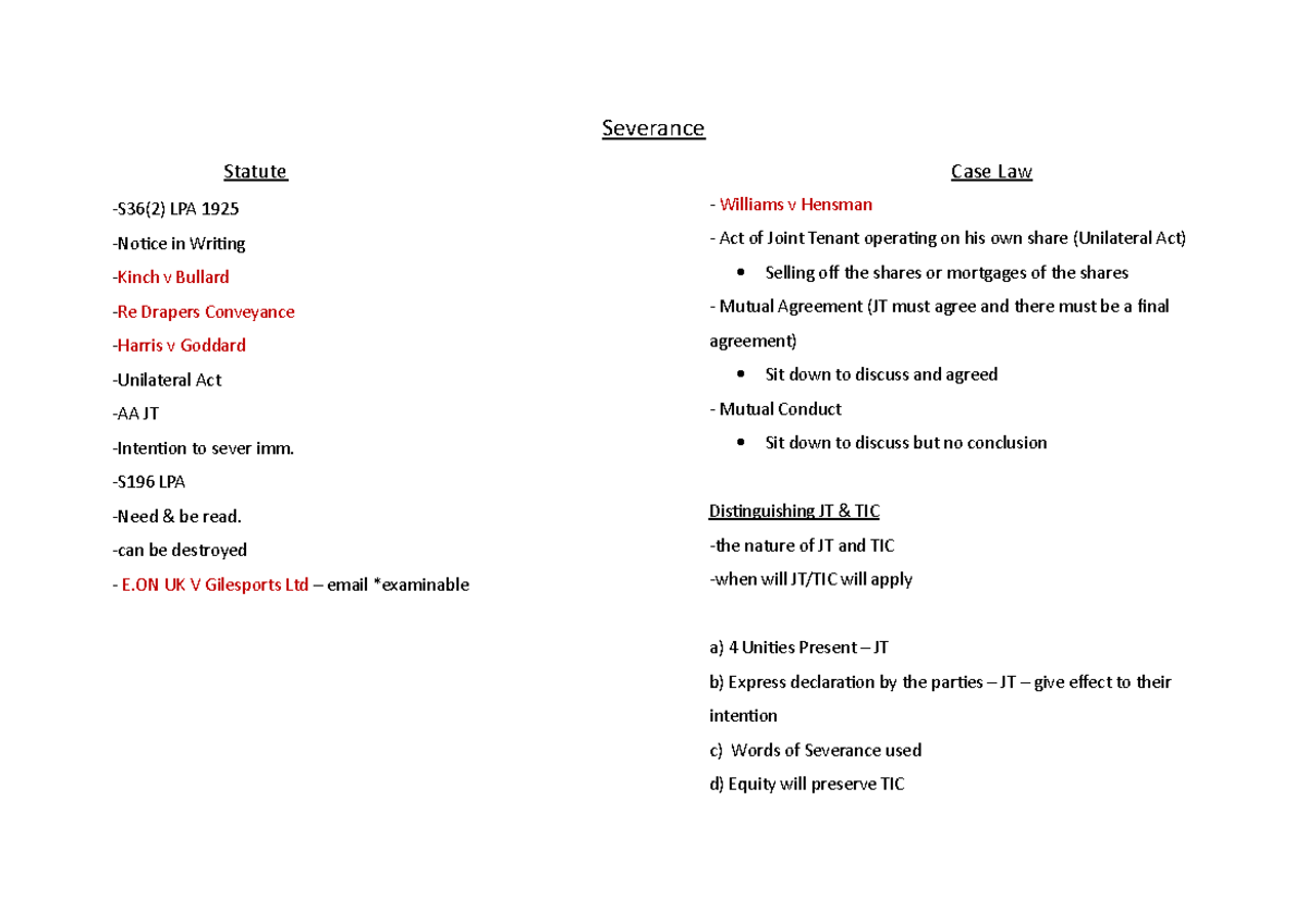 Severance - Severance Statute Case Law -S36(2) LPA 1925 -Notice in ...